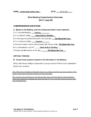 UNIT 7 Reading Comprehension - NAME: DATE: Extra Reading Comprehension Exercises (Unit 7, page ...