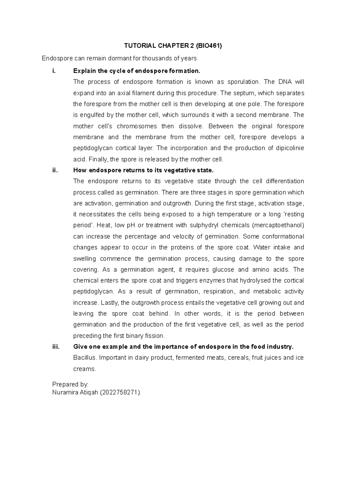 Tutorial Chapter 2 BIO461 - TUTORIAL CHAPTER 2 (BIO461) Endospore can remain dormant for ...