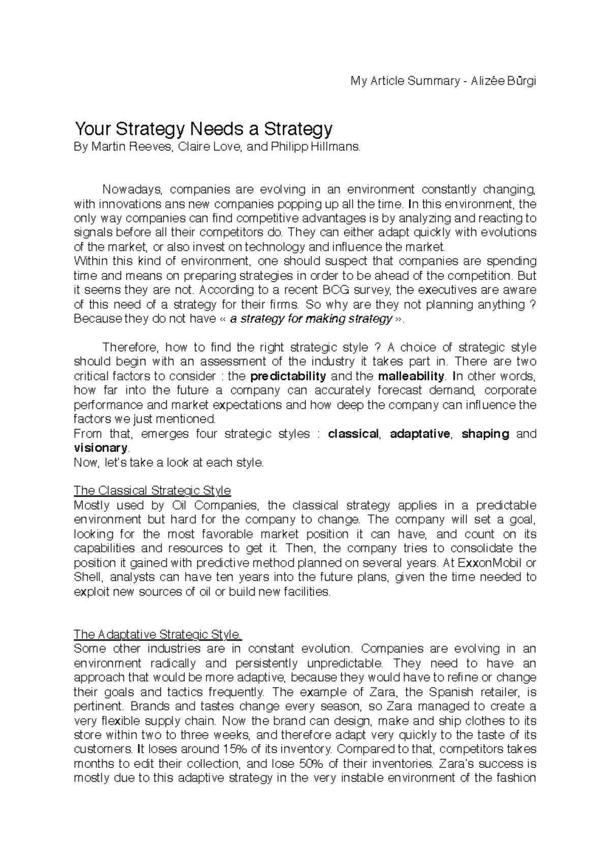 Your Strategy Needs a Strategy - My Article Summary - Alizée Bürgi Your ...