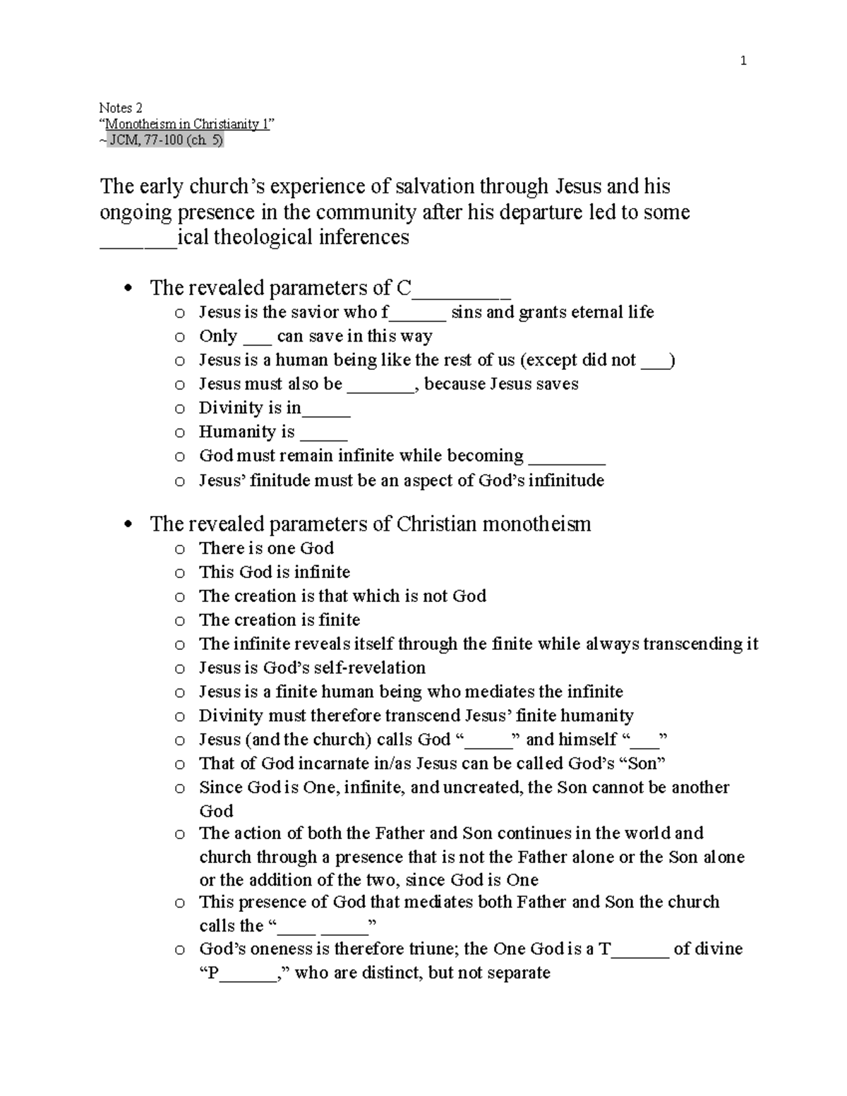 Notes 2-Monotheism in Christianity - 5) The early church’s experience ...