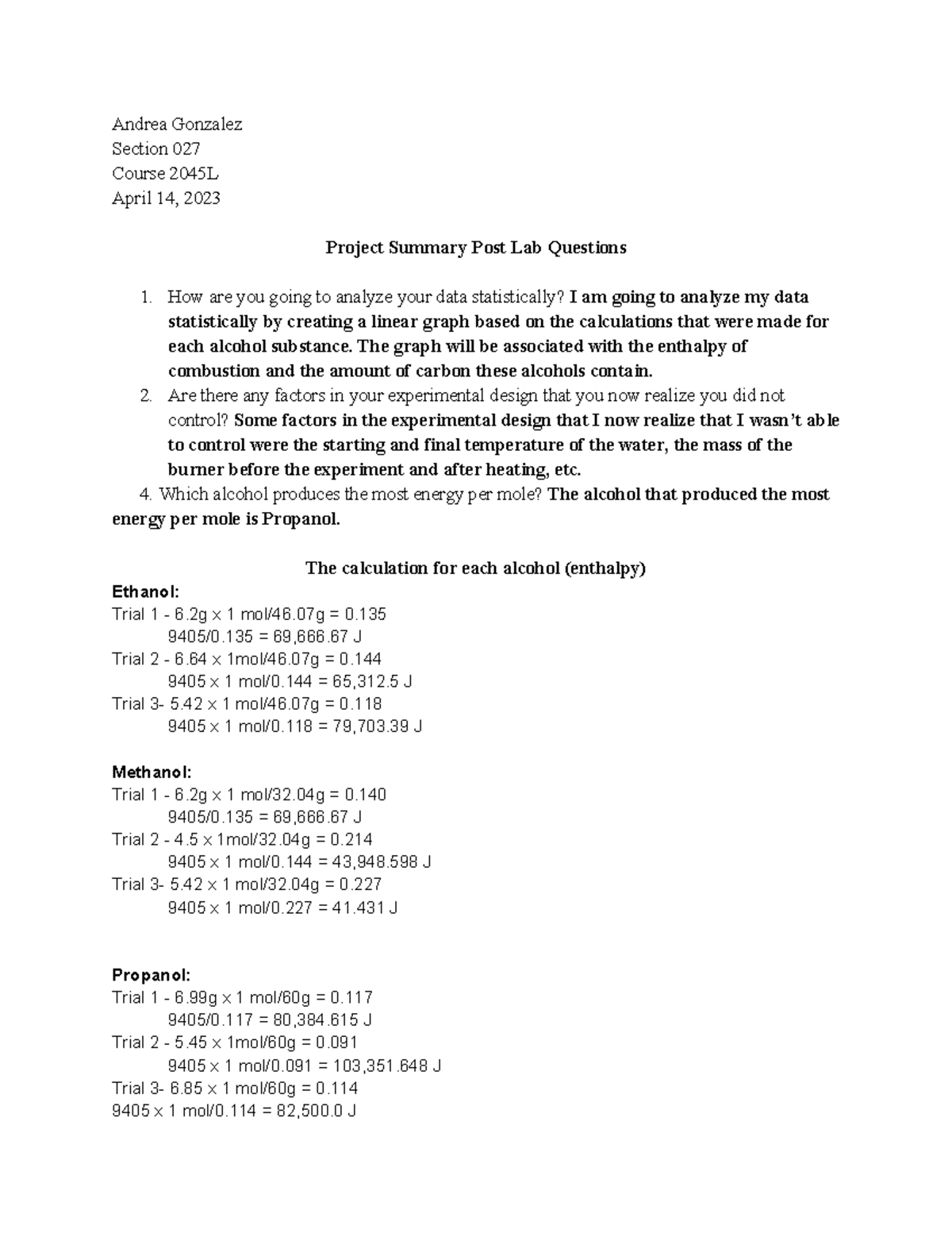 Post lab summary #6 - Andrea Gonzalez Section 027 Course 2045L April 14 ...