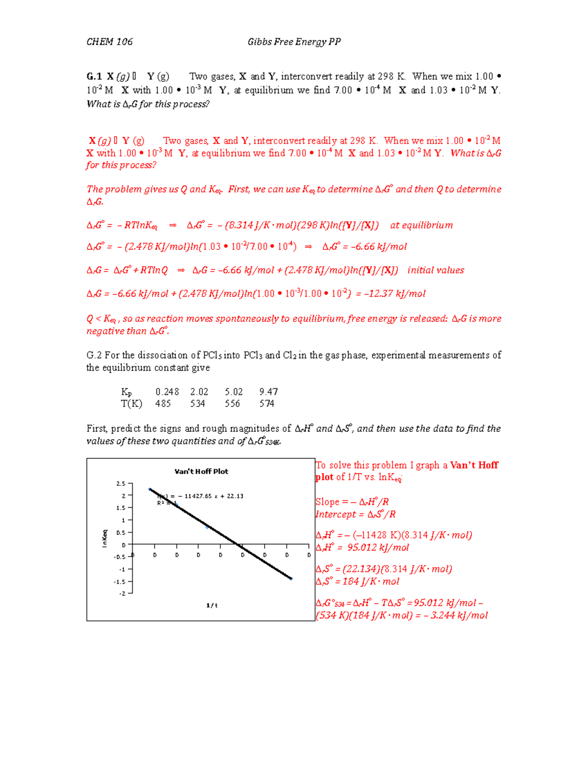 Gibbs Free Energy PP key - CHEM 106 Gibbs Free Energy PP G X (g) Y (g ...