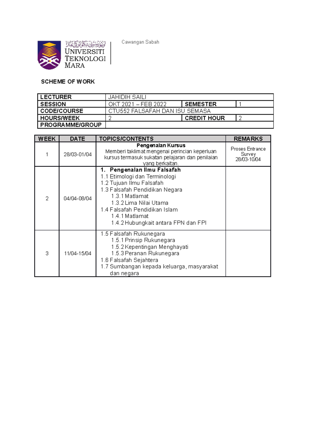 CTU552 - Scheme Of Work CTU552 - Cawangan Sabah SCHEME OF WORK LECTURER ...