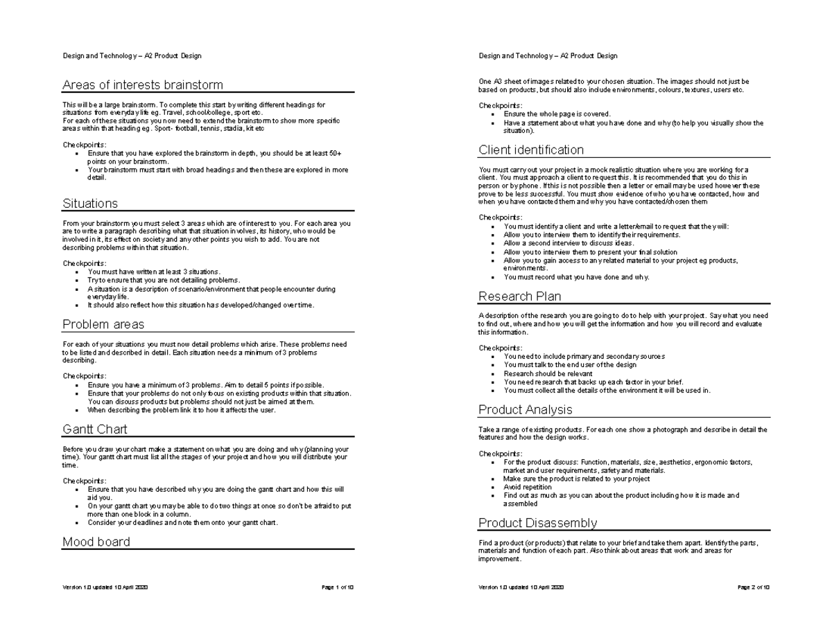 DT NEA A- Level Guidance - Areas of interests brainstorm This will be a ...
