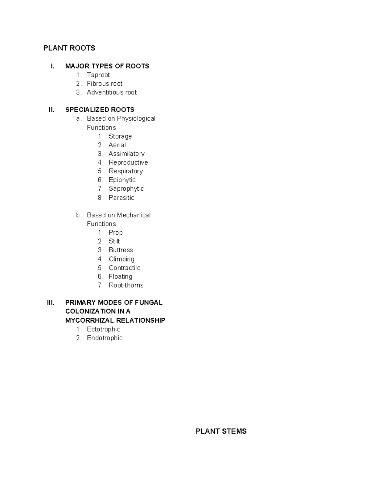 Enumeration - botany - PLANT ROOTS I. MAJOR TYPES OF ROOTS 1. Taproot 2 ...