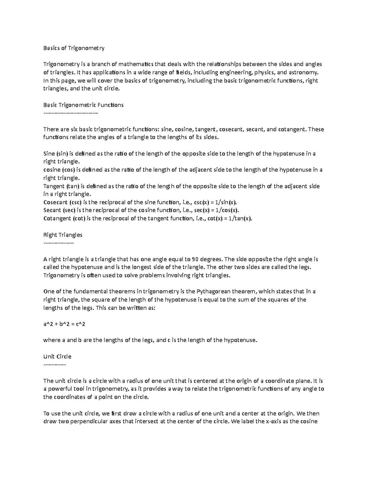 Trigonometry - notes about trig - Basics of Trigonometry Trigonometry ...