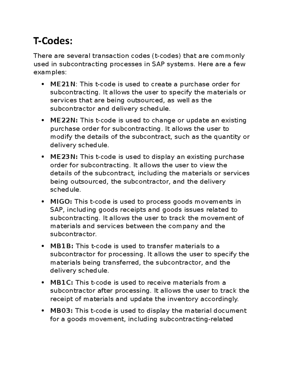 T-codes subcontracting - T-Codes: There are several transaction codes ...