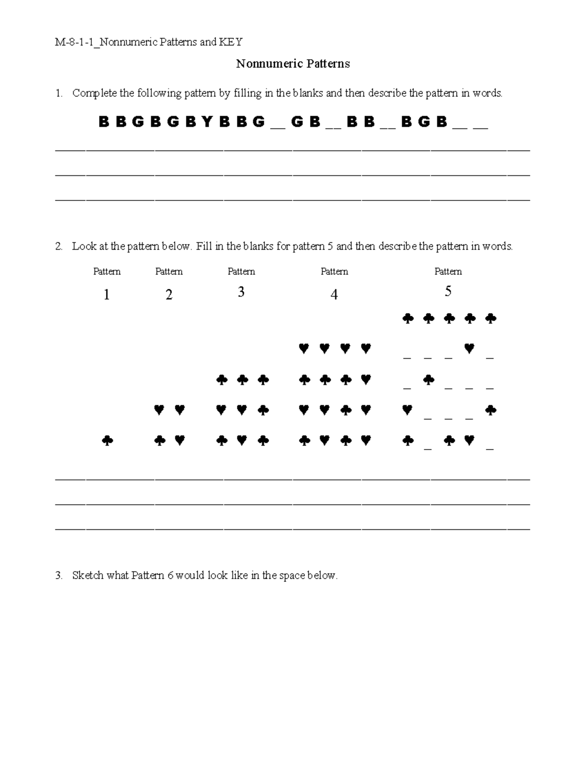 M-8-1-1 Nonnumeric Patterns and KEY - Nonnumeric Patterns 1. Complete ...