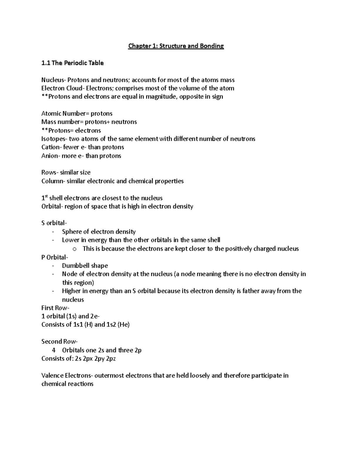 Chapter 1 Ochem - Chapter 1: Structure and Bonding 1 Periodic Table ...