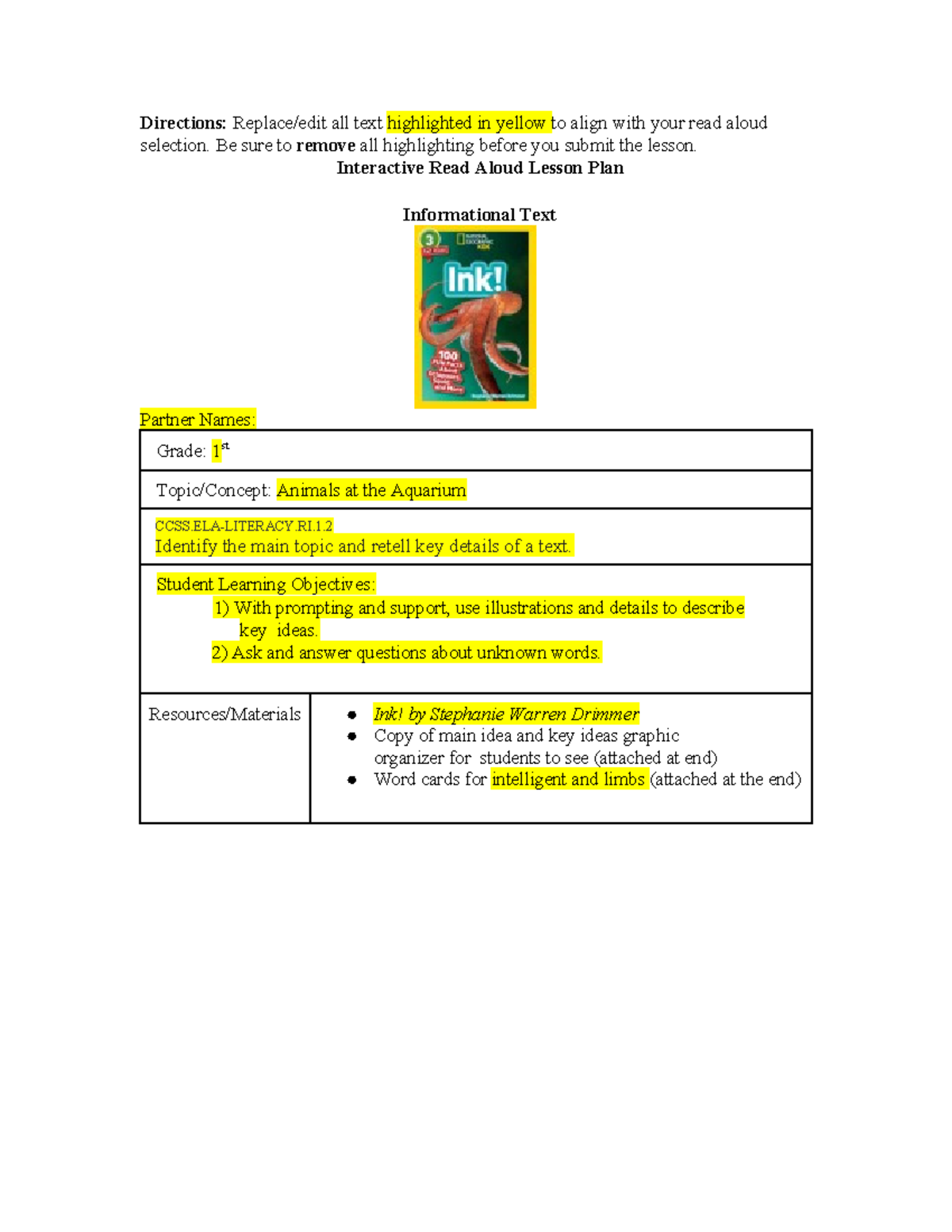 Sample Informational Text Read Aloud Lesson Plan - Directions: Replace ...