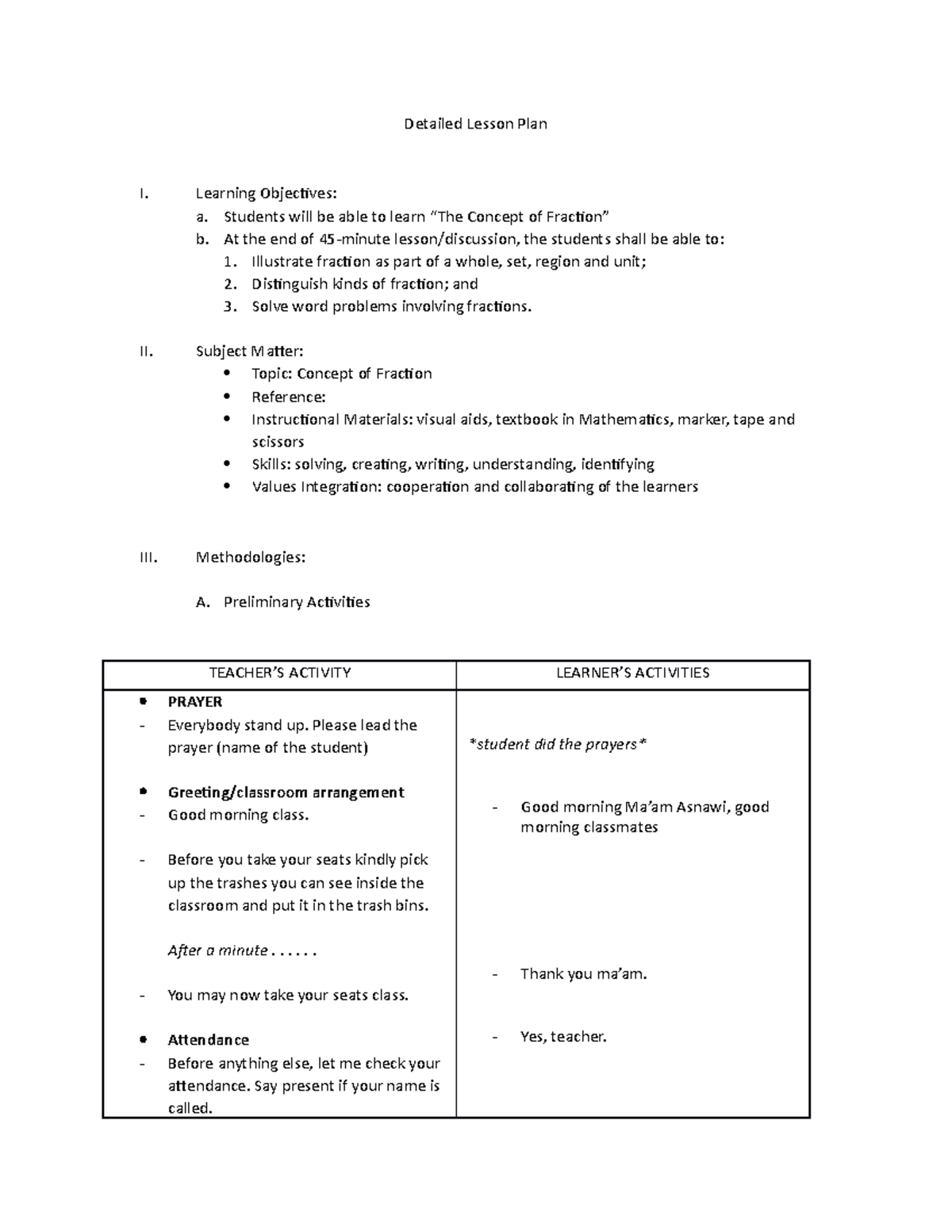 Detailed Lesson Plan Mathematics On Fraction Detailed Lesson Plan I