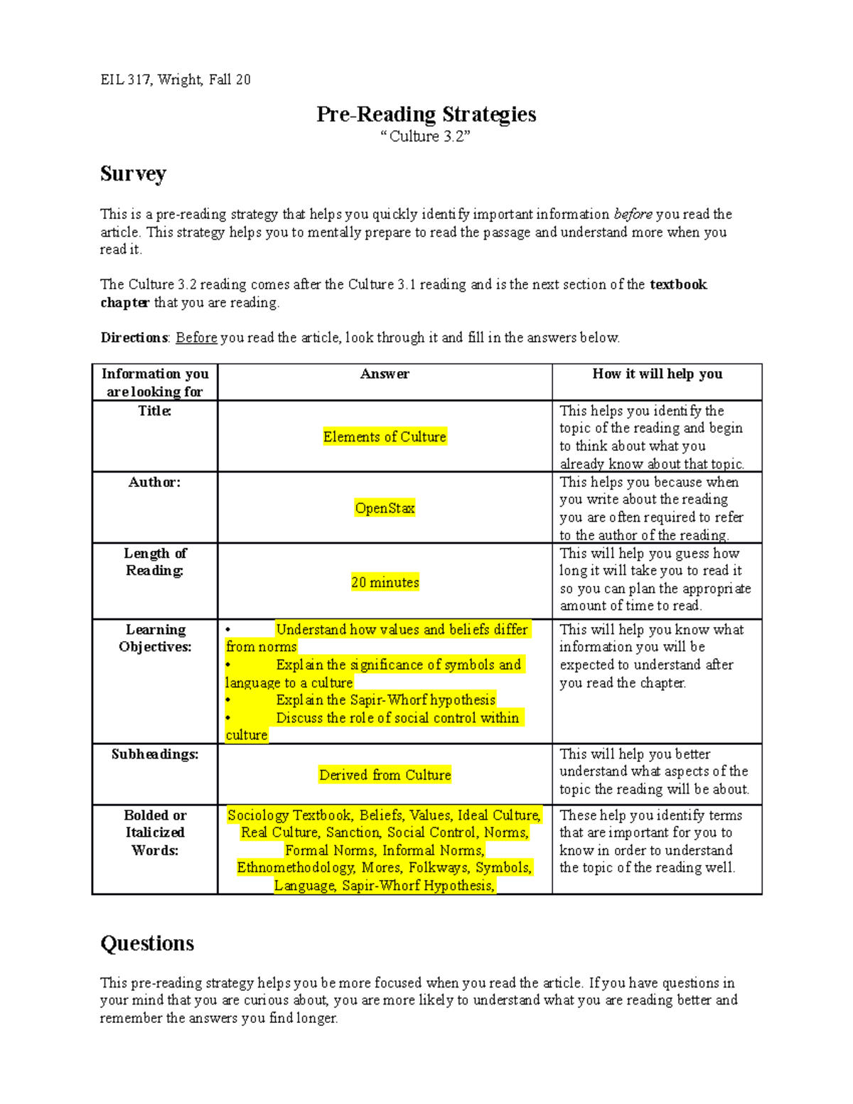 EIL 317 - Pre-Reading Strategy - Culture 3.2 Survey and Question Pre ...