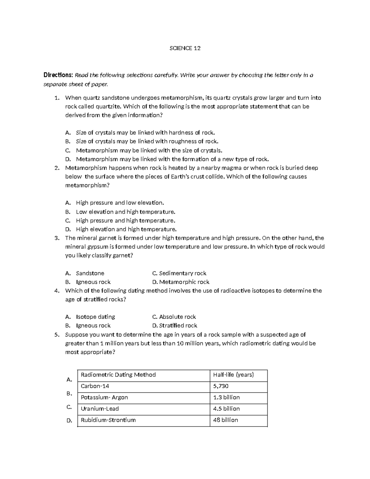 Science-12-Reviewer - SCIENCE 12 Directions: Read the following ...
