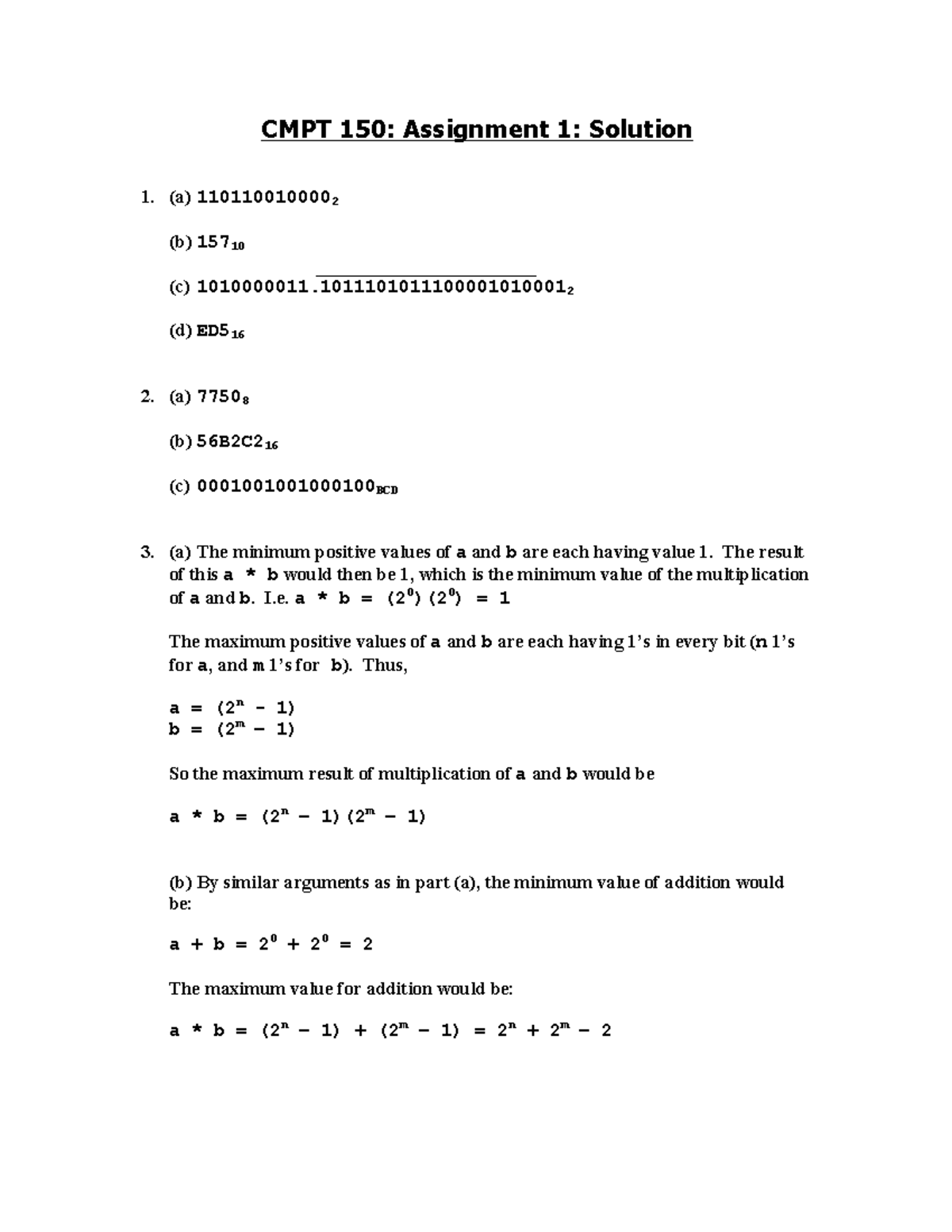 Seminar Assignments Assignment 1 Solutions Cmpt 150 Assignment 1 Solution A