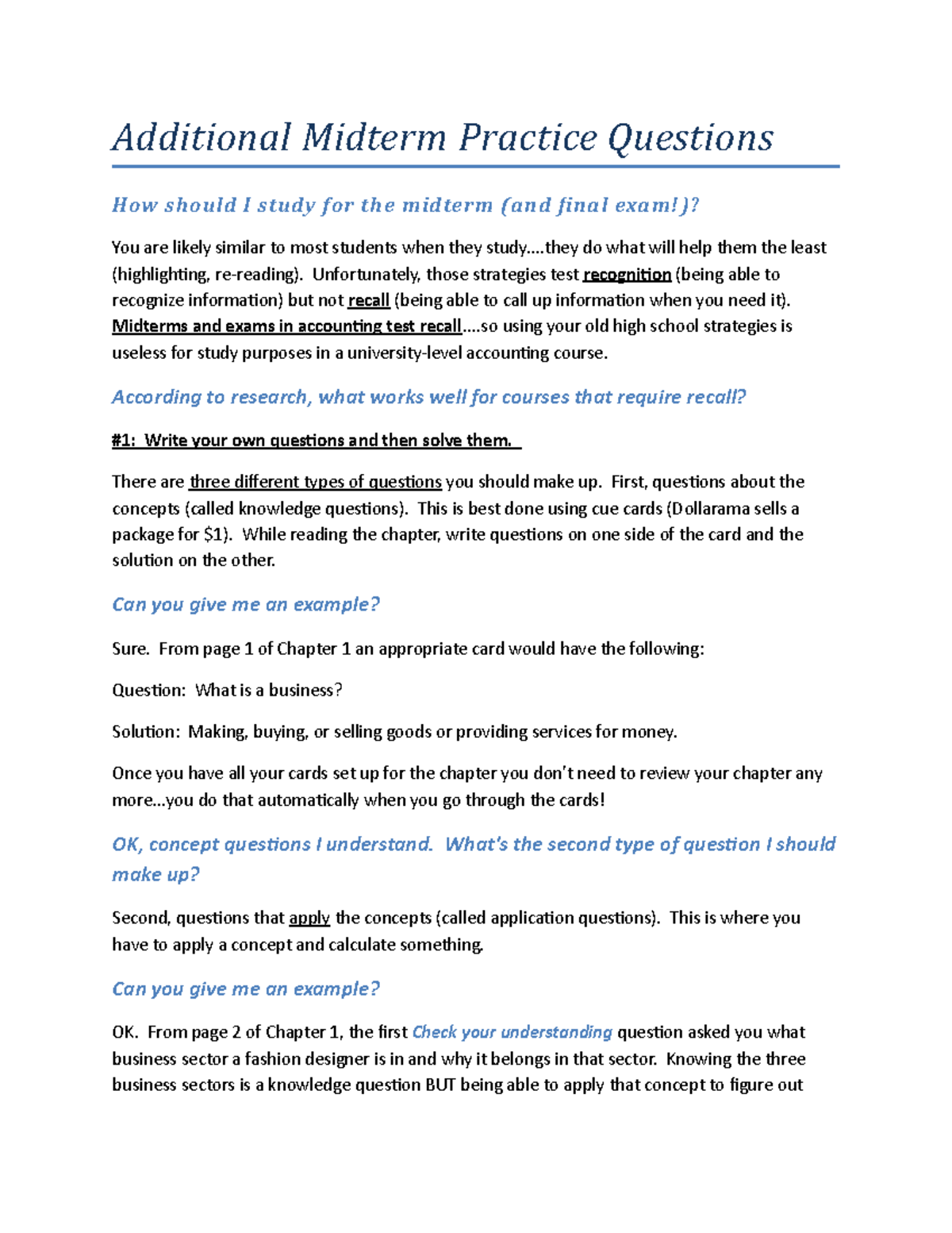 Midterm Review Practice Questions 1 - Additional Midterm Practice Questions How should I study ...