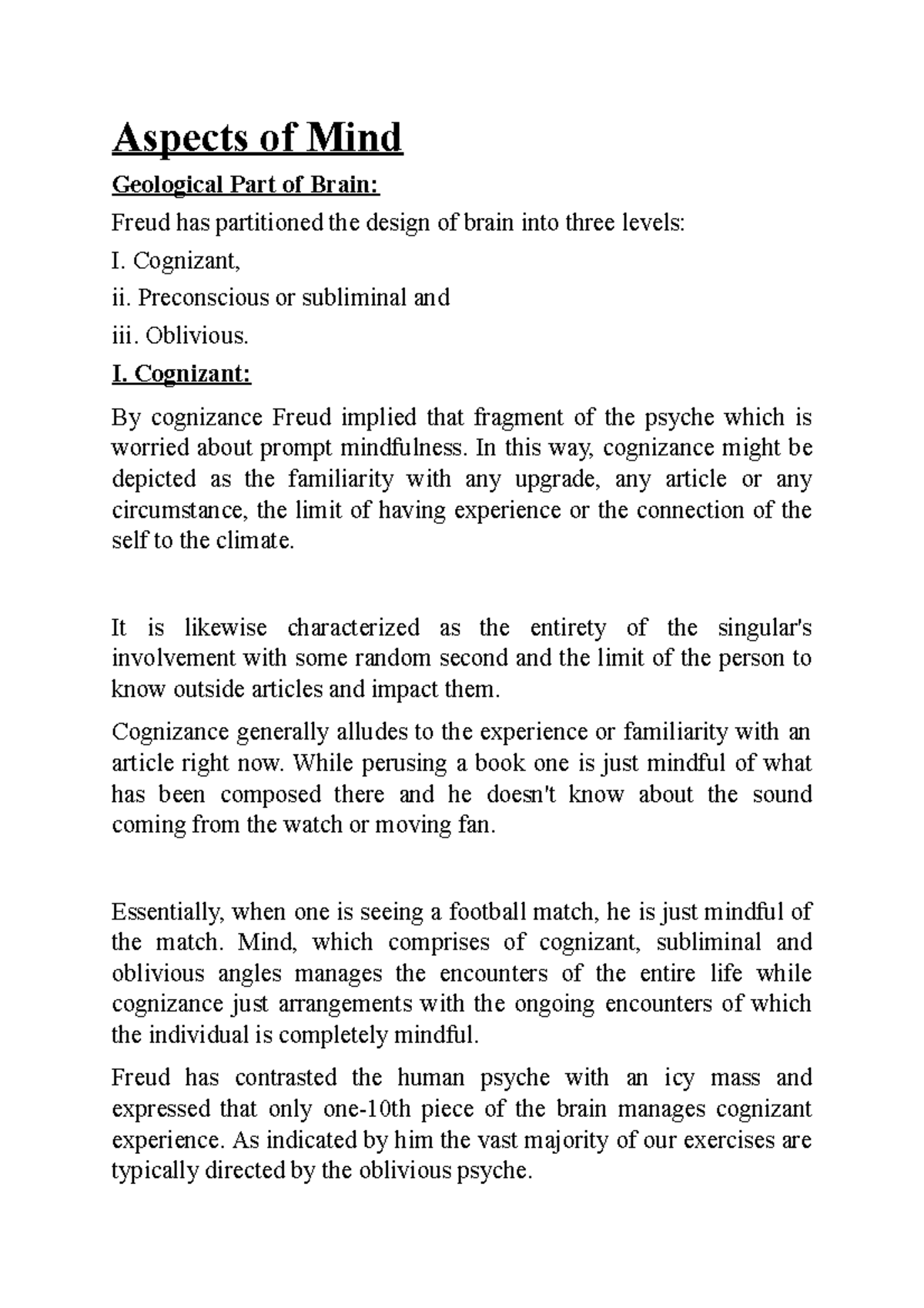 Aspects of Mind - Aspects of Mind Geological Part of Brain: Freud has ...