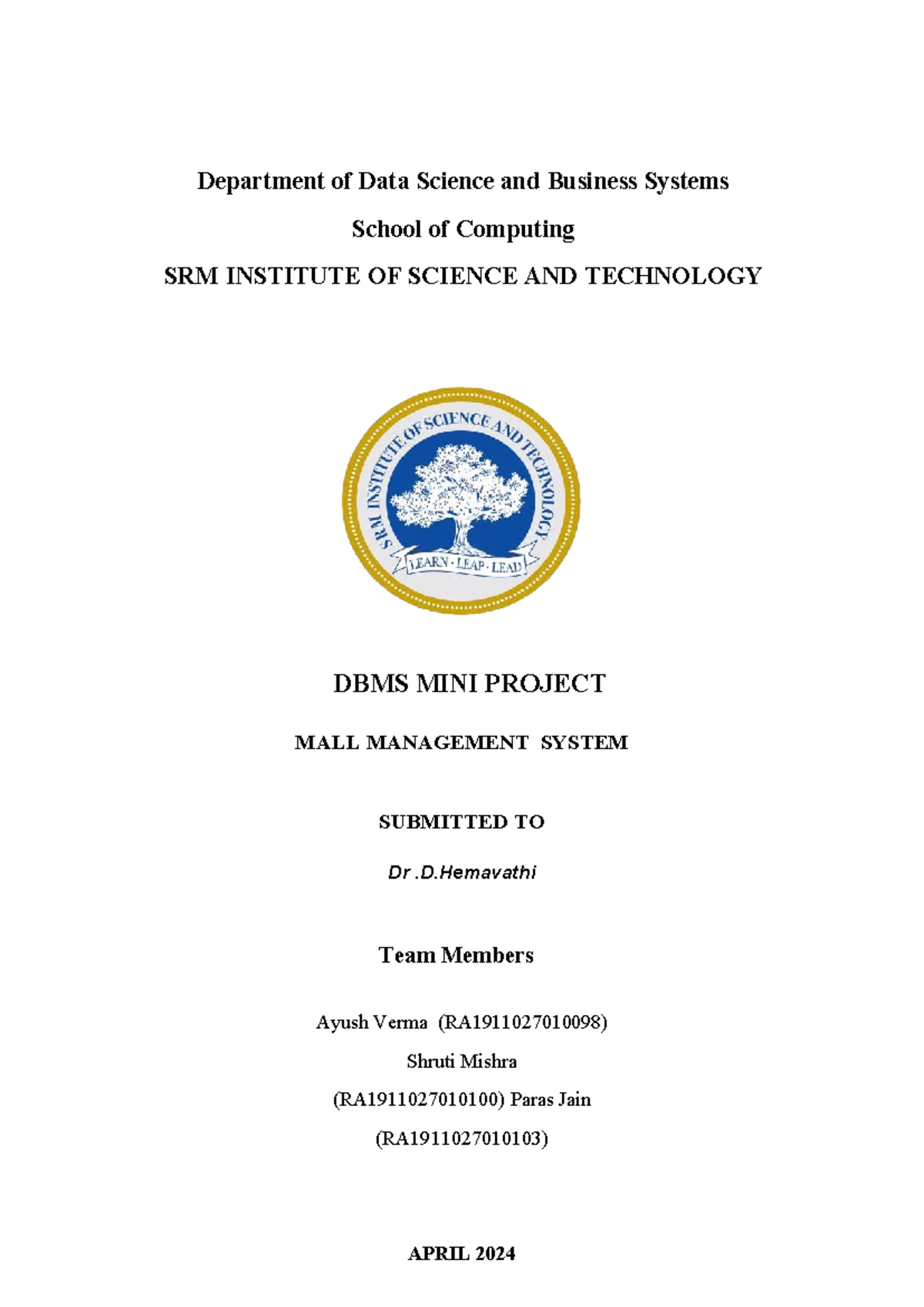 DBMS Report - Department of Data Science and Business Systems School of ...