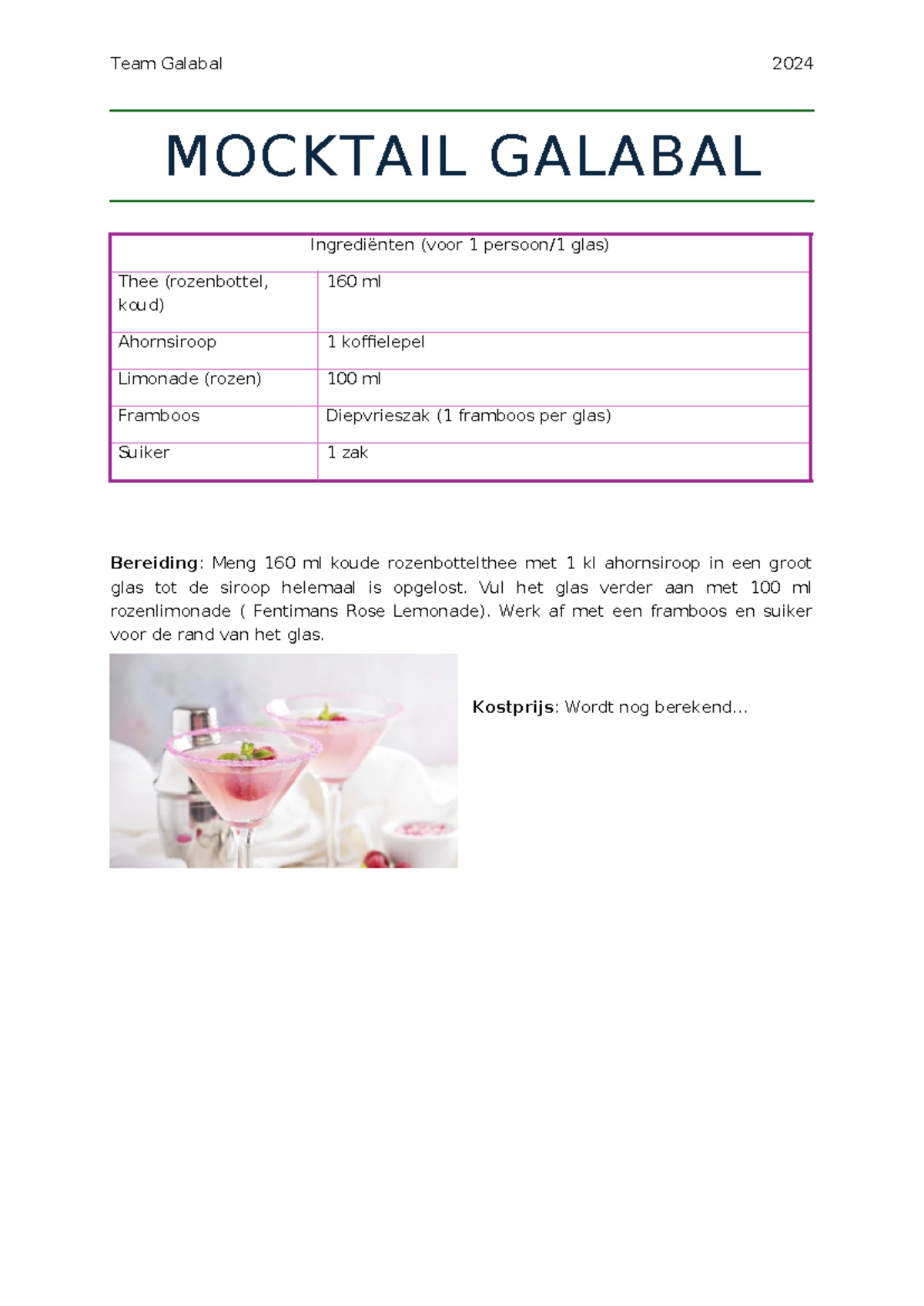 Moctail galabal - Team Galabal 2024 MOCKTAIL GALABAL Ingrediënten (voor ...