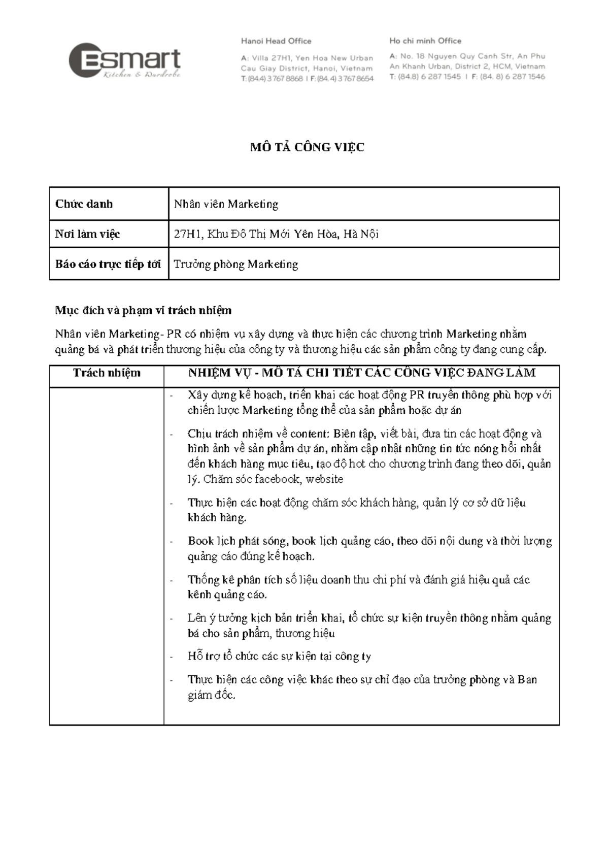 Marketing-pr-jd (1) (1) - MÔ TẢ CÔNG VIỆC Chức danh Nhân viên Marketing ...