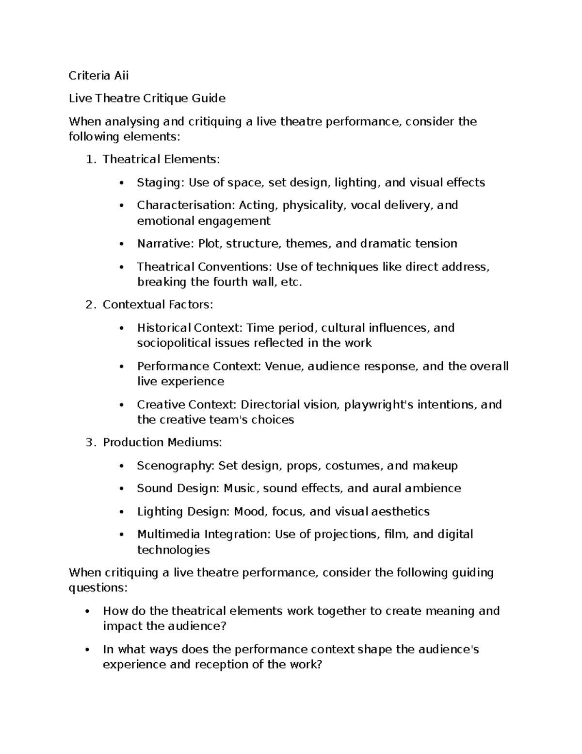 Criteria Aii G9 10 - Live Theatre Critique for students. Guidance on ...
