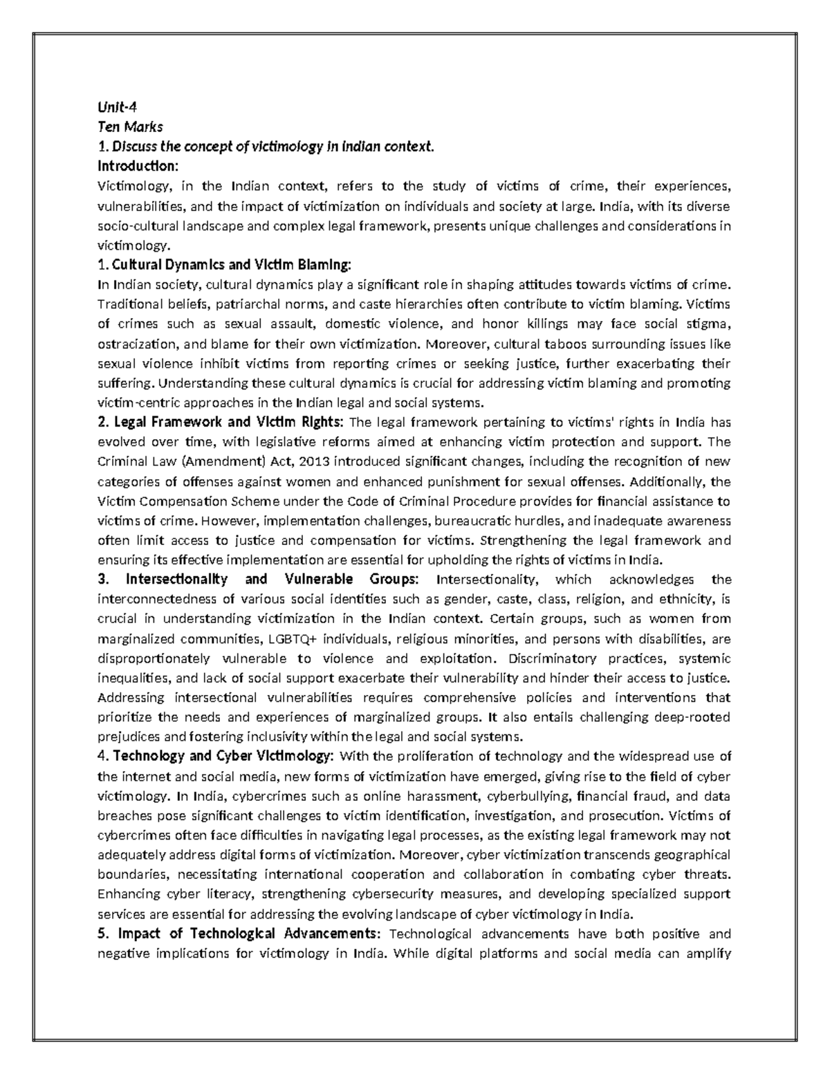 Unit 4 & 5 - Unit- Ten Marks 1. Discuss the concept of victimology in Indian context ...