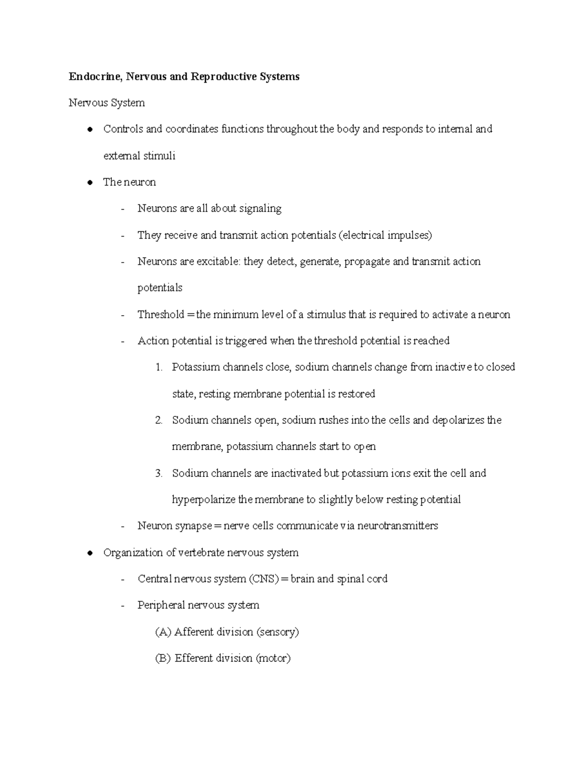 Biology Endocrine, Nervous, Reproductive Systems Lecture Notes ...