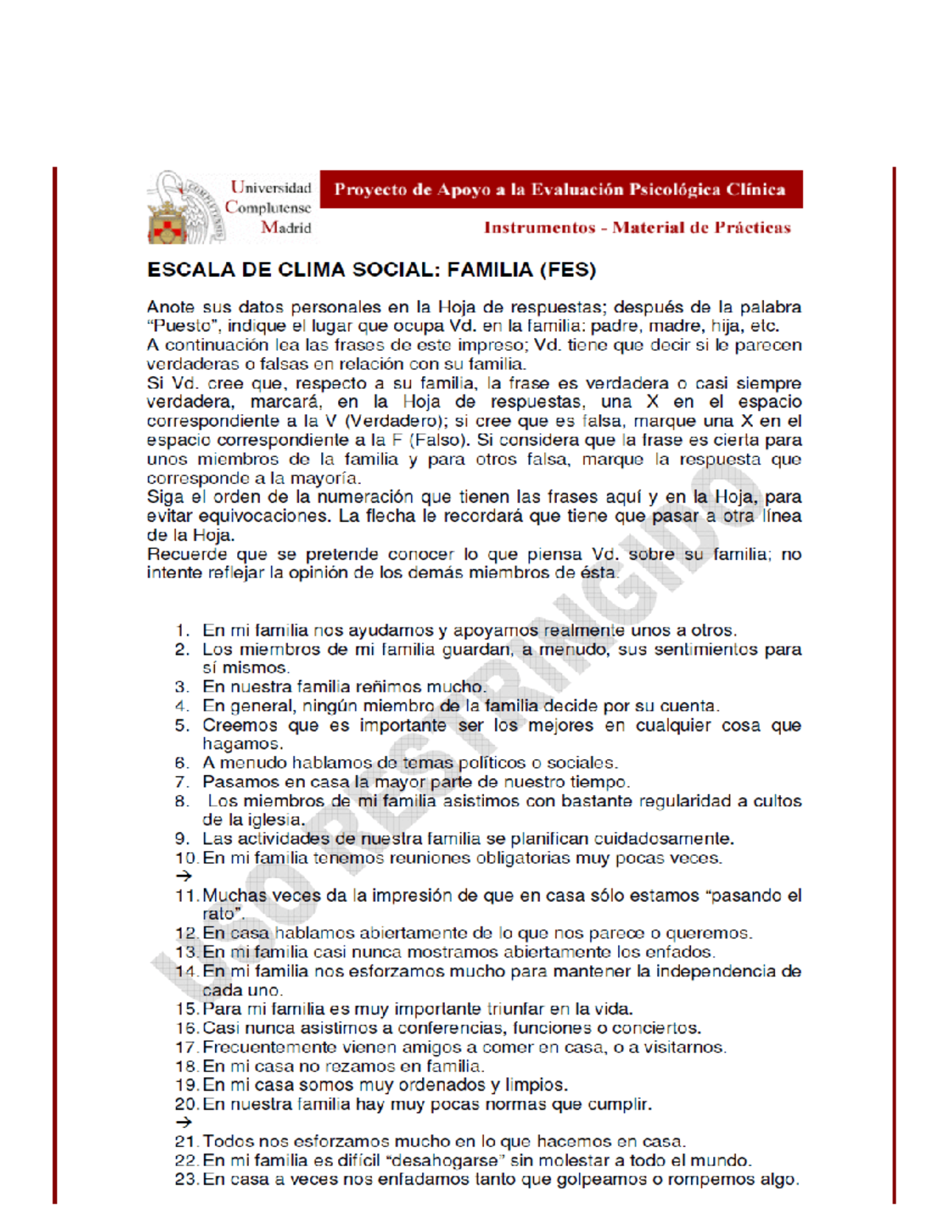 Escala DE FES - prueba - actitud negativa hacia los profesores, autoestima elevada en ...