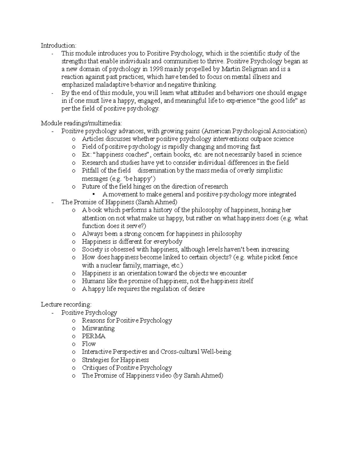 Module 5 notes - Introduction: - This module introduces you to Positive ...