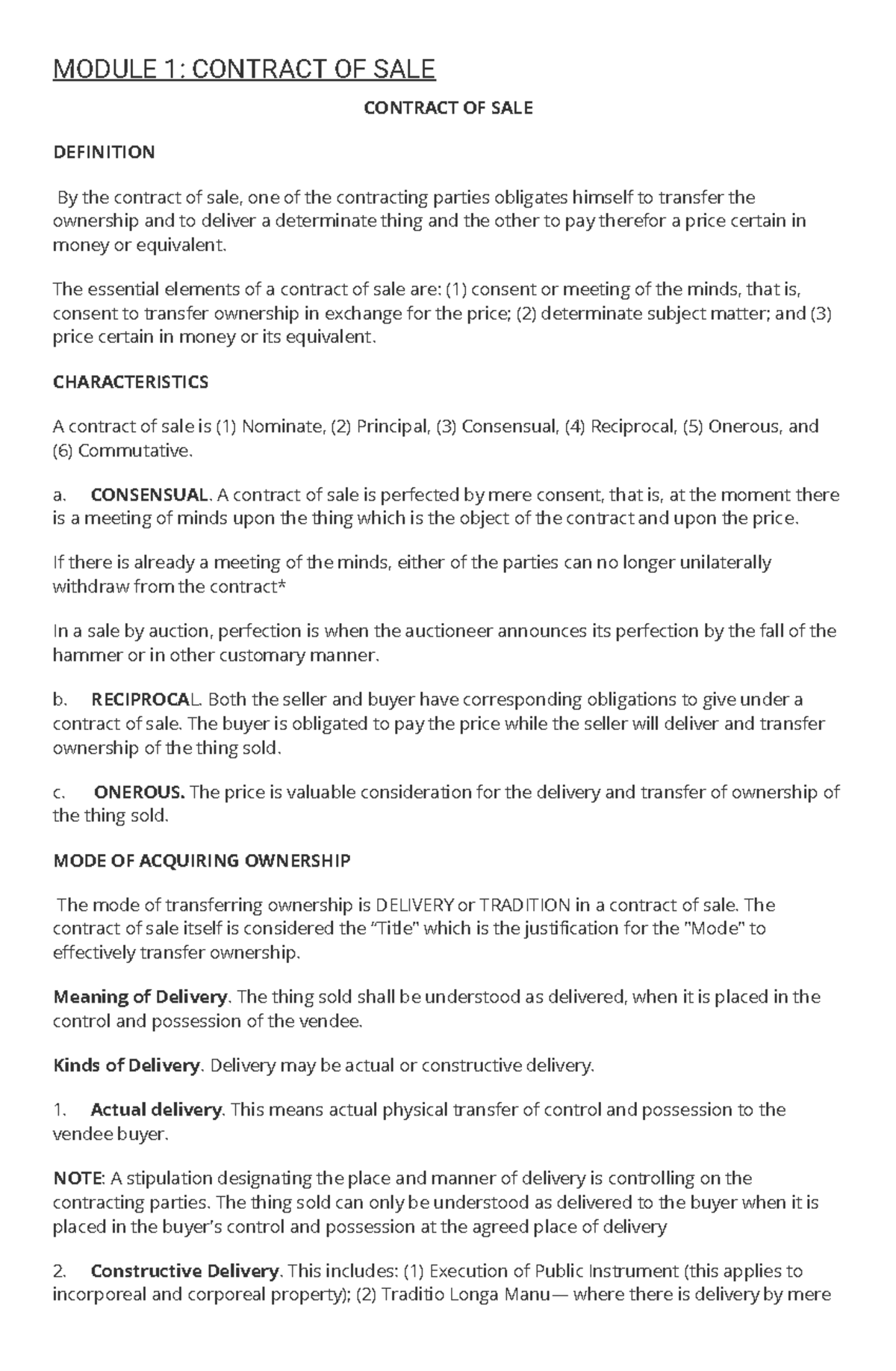Module 1 - Contract of Sale - MODULE 1: CONTRACT OF SALE CONTRACT OF ...