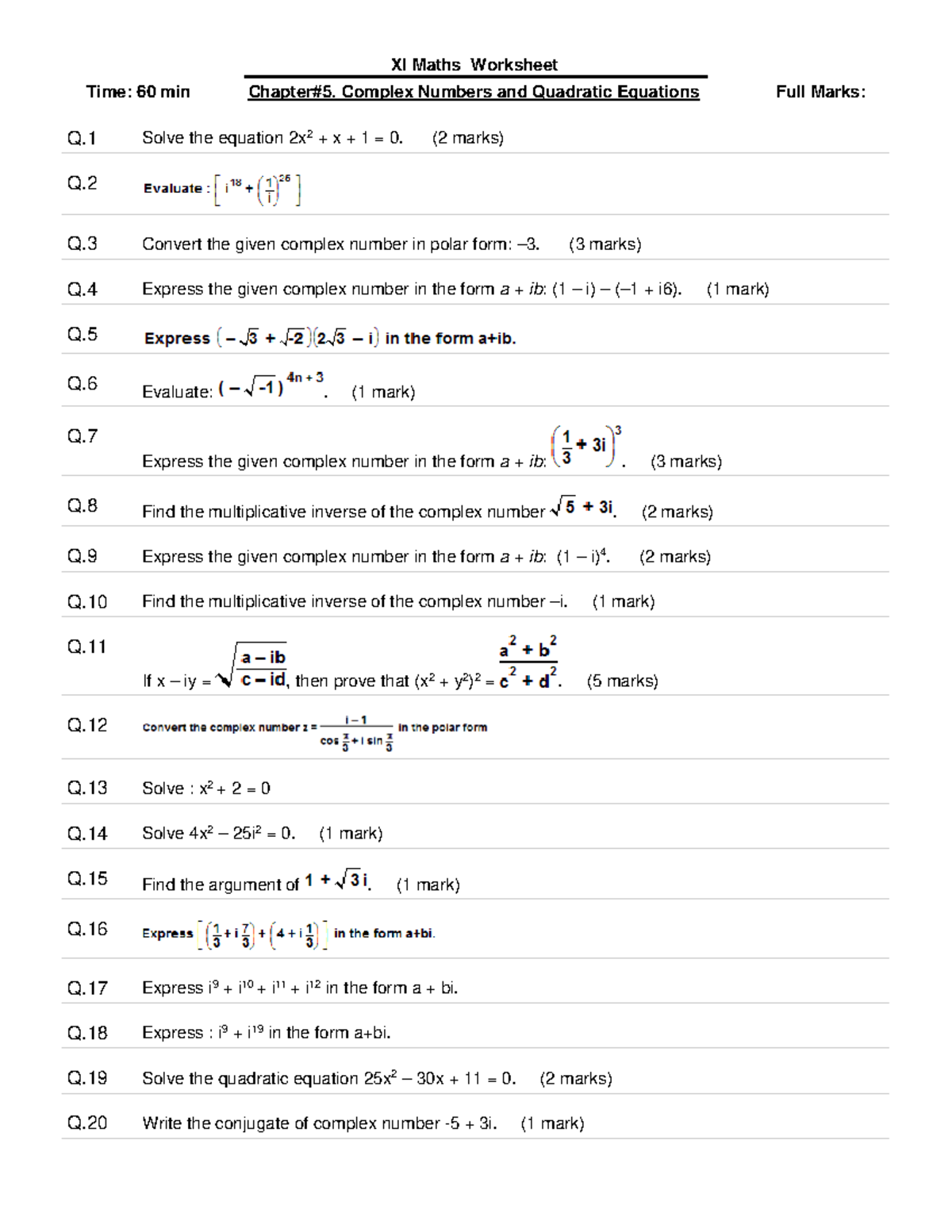CBSE Class 11 Mathematics Worksheet - Complex Numbers and Quadratic ...