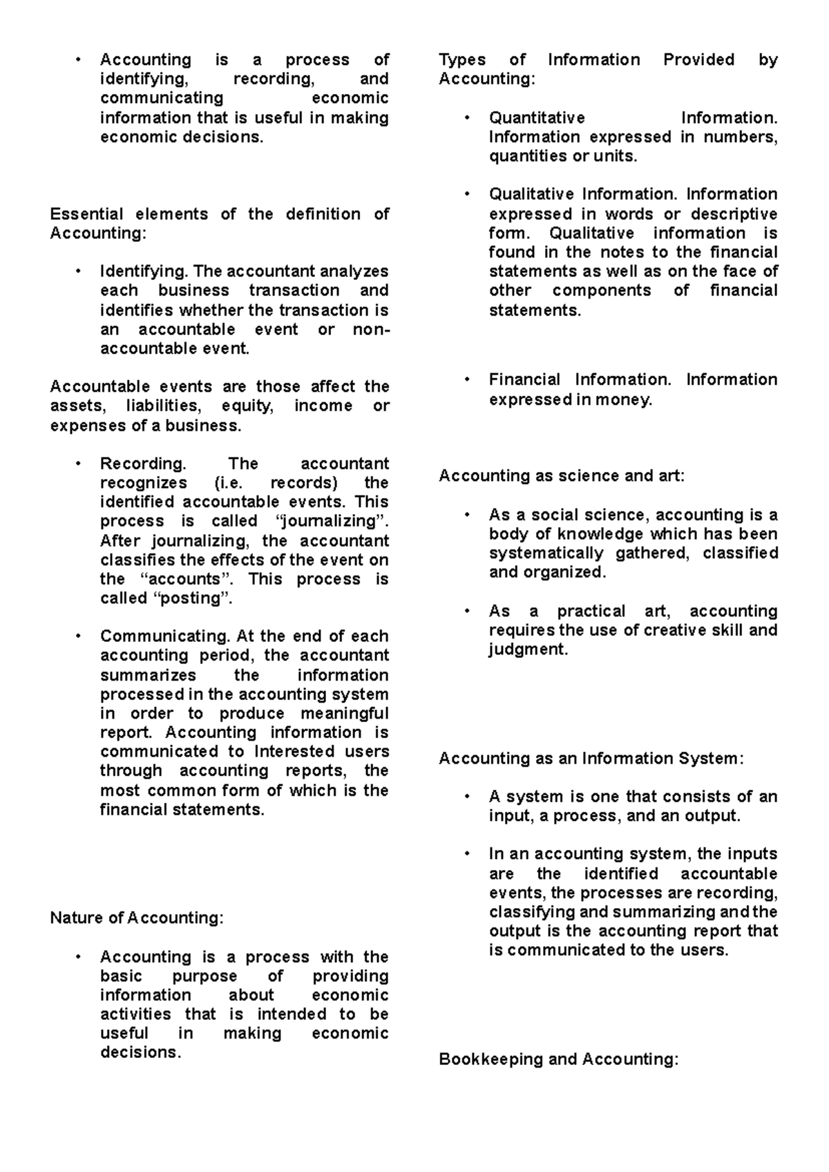 Notes (FAR ^0 MS) - Accounting - Accounting is a process of identifying ...