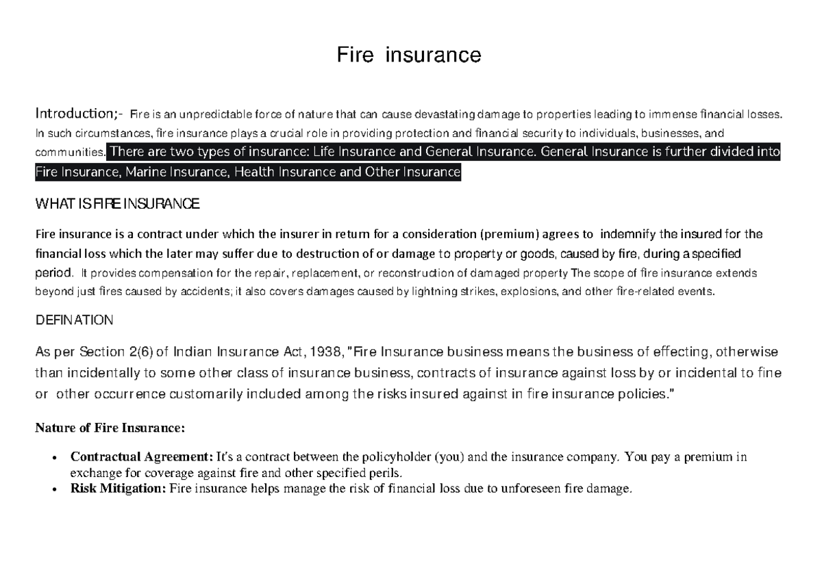 Fire insurance - Fire insurance IntroducƟon;- Fire is an unpredictable ...