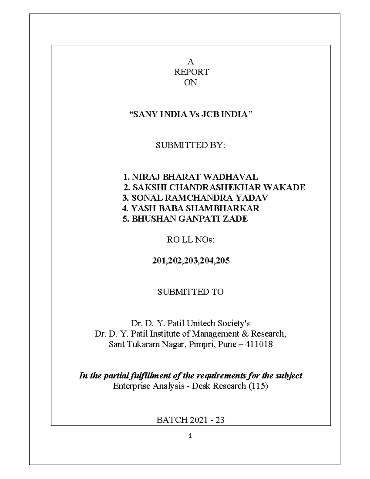 EADR Project Report - A REPORT ON “SANY INDIA Vs JCB INDIA” SUBMITTED ...