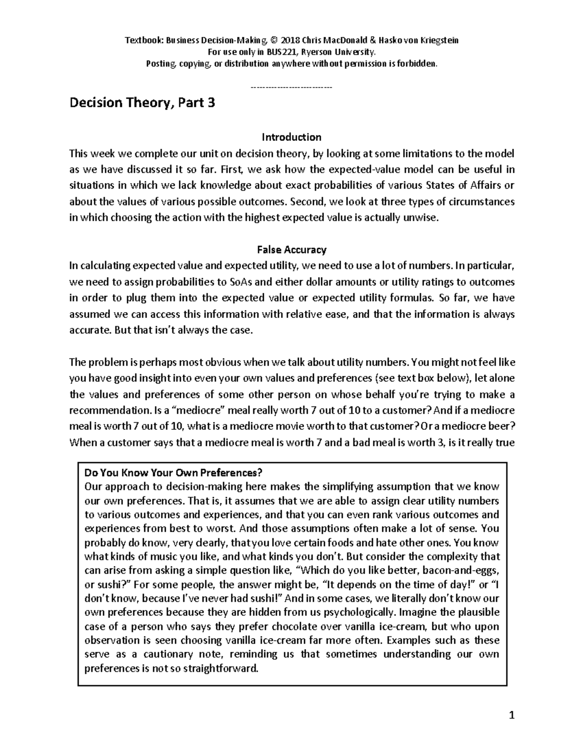 Decision Theory Part 3 - For use only in BUS221, Ryerson University ...