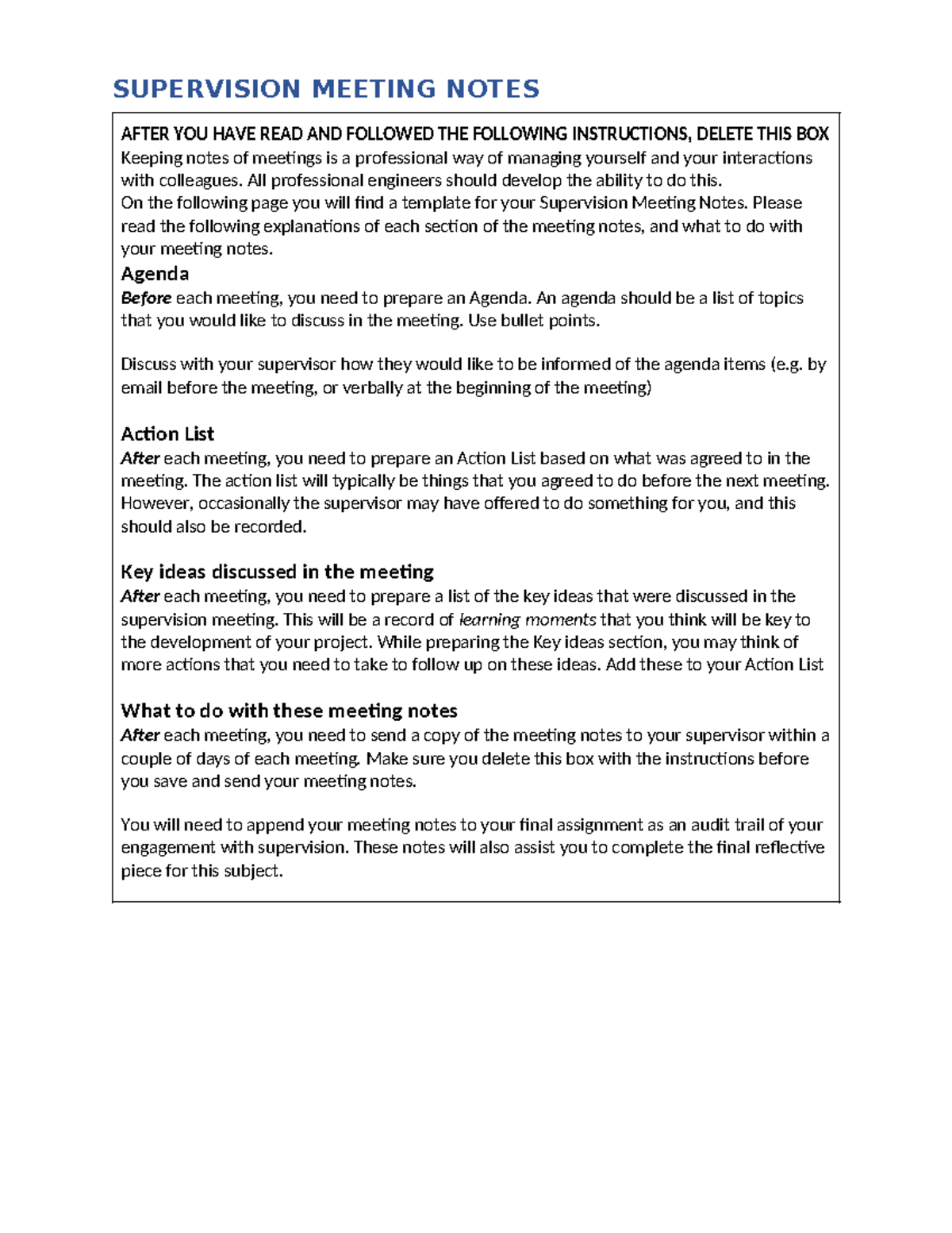 Supervision agenda, action list and meeting notes - SUPERVISION MEETING ...