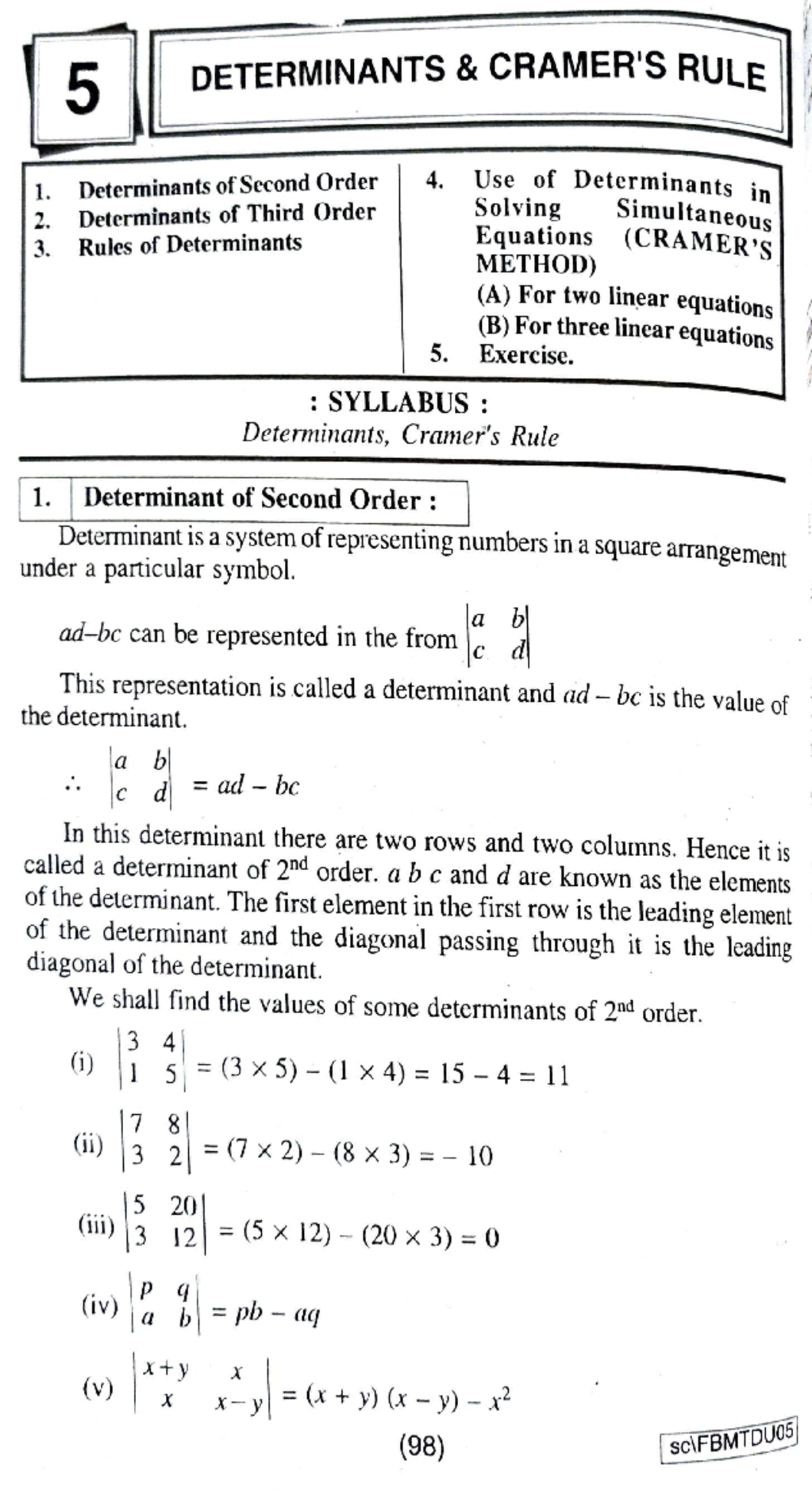 Unit 5 Determinant (Part 1) - 5 DETERMINANTS& CRAMER'S RULE Determinants of Second Order4. Use ...
