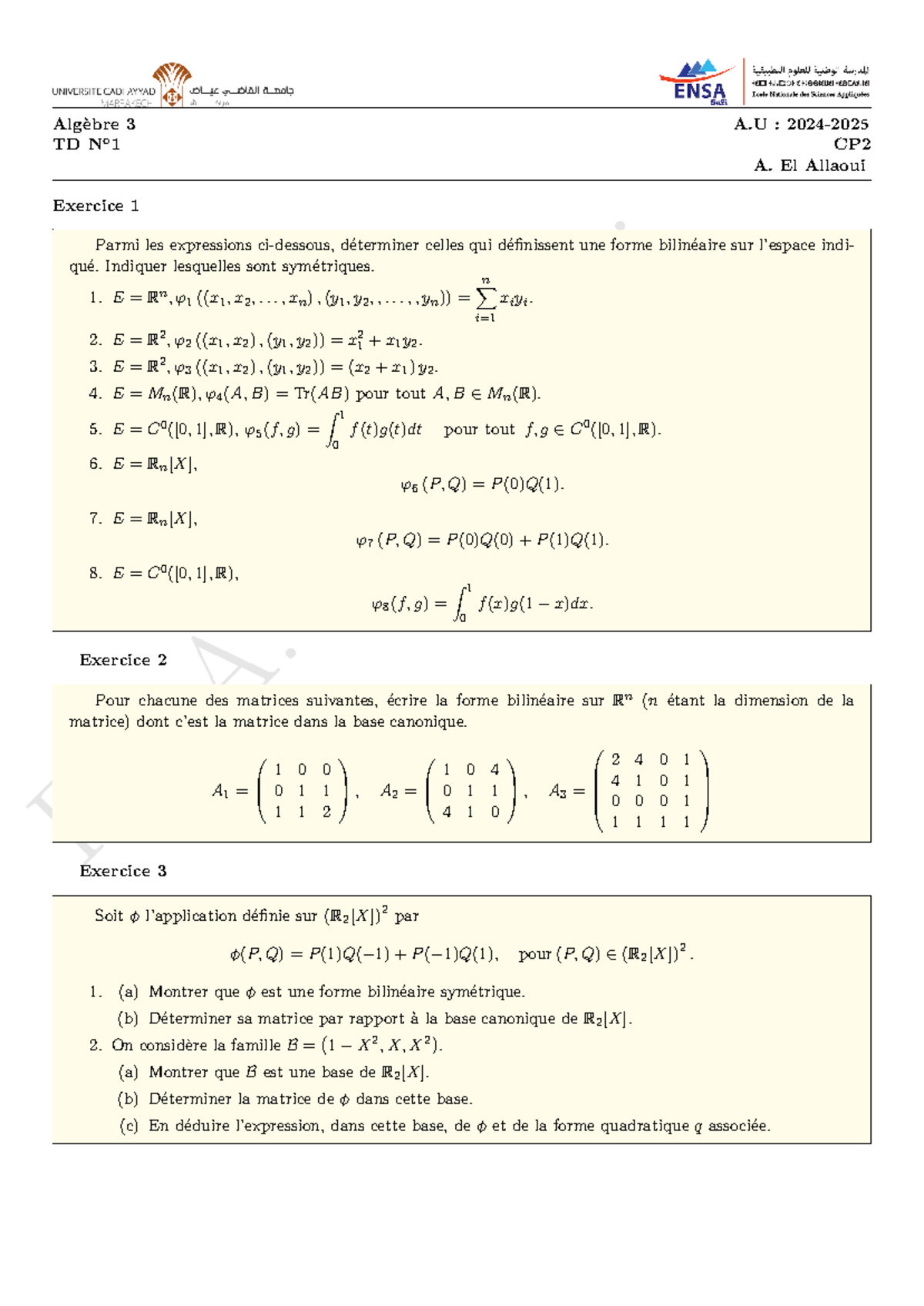 TD1 Alg Ã¨bre3 24 25 - td practice - Pr. A. El Allaoui Algèbre 3 A ...