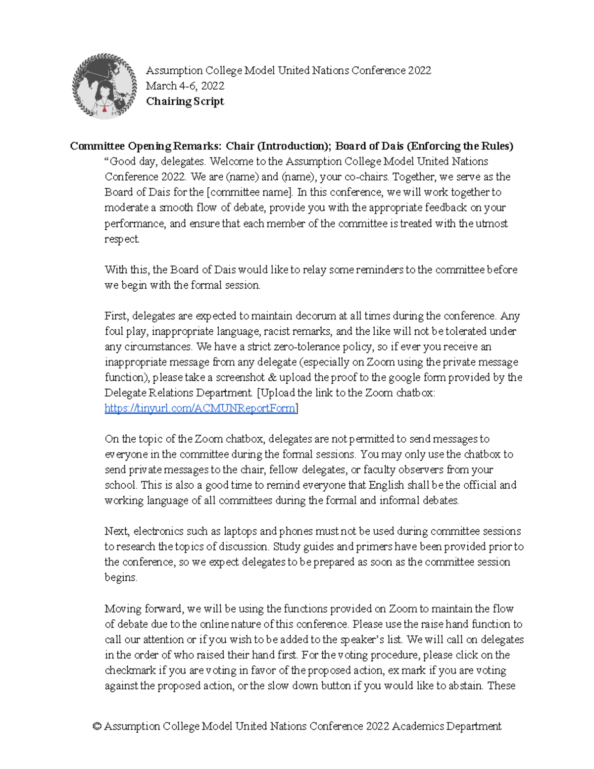 Chairing Script - Used for MUN - Assumption College Model United Nations Conference 2022 March 4 ...