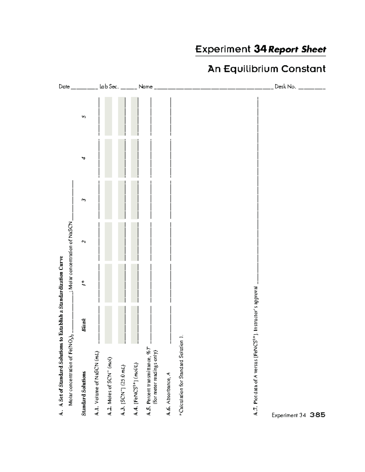 Experiment 34 - Experiment 34 Report Sheet An Equilibrium Constant Date ...