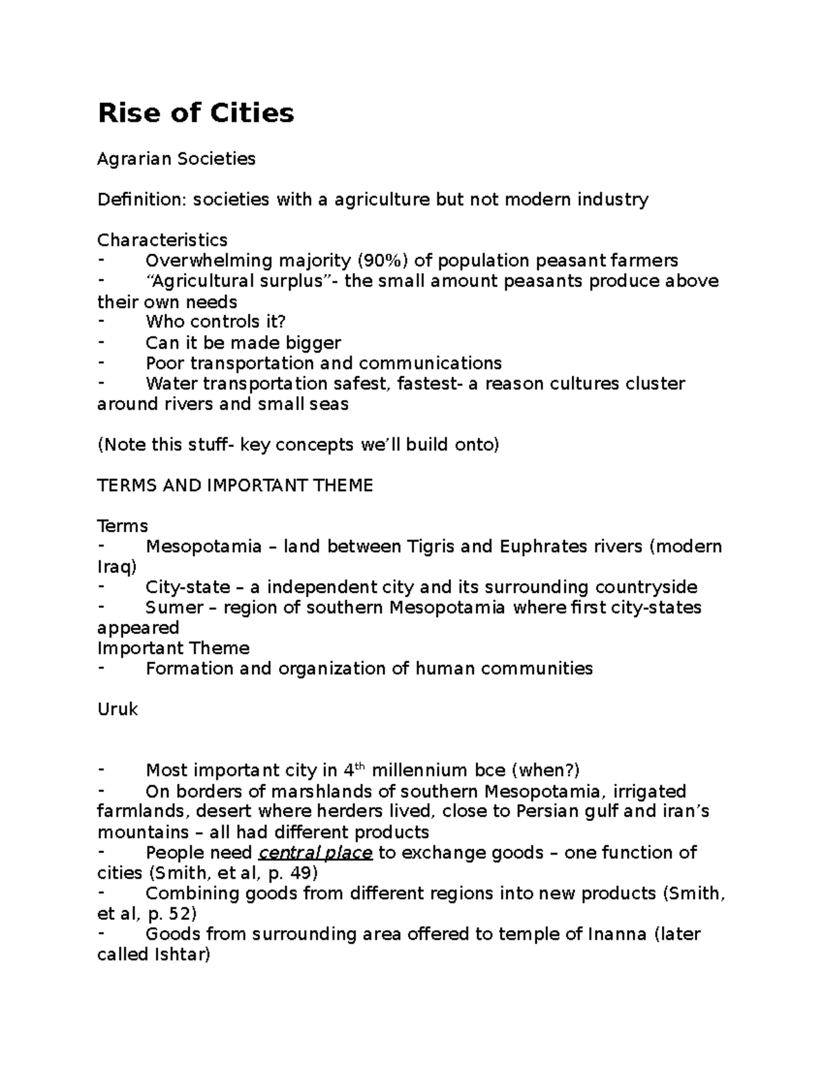 Rise of Cities - Course notes were taken throughout the semester for ...