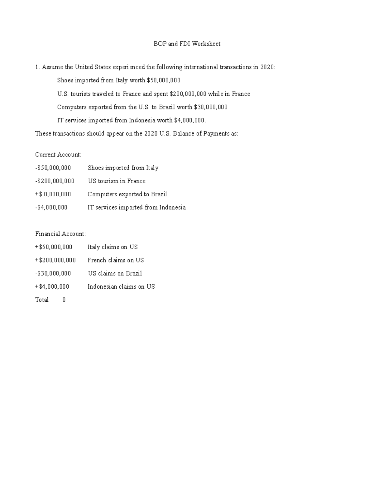 BOP and FDI Worksheet - Fall 2022 - BOP and FDI Worksheet Assume the ...
