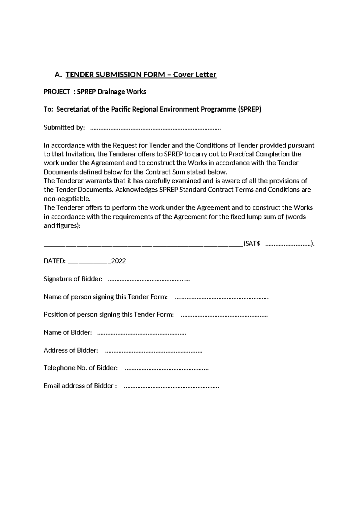 Tender Submission A&B Forms - A. TENDER SUBMISSION FORM – Cover Letter ...