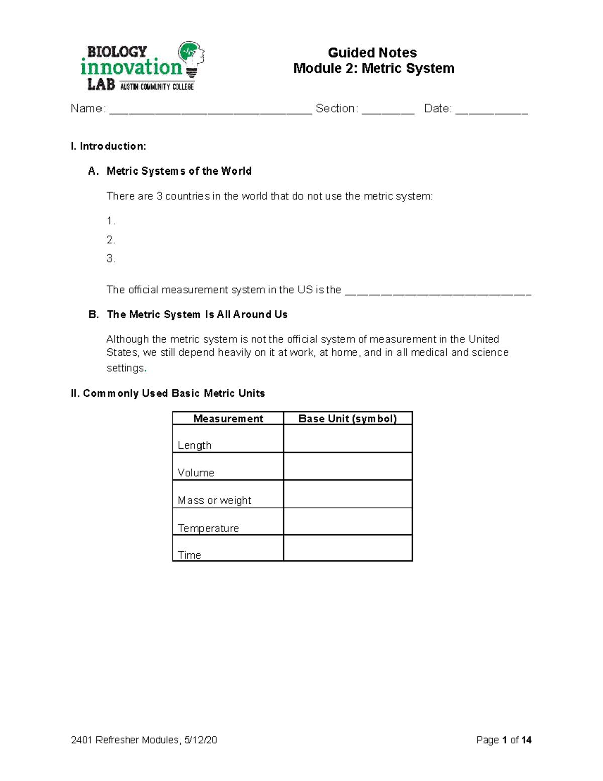 2401Refresher Mod2 Guided Notes Metric System - Guided Notes Module 2 ...