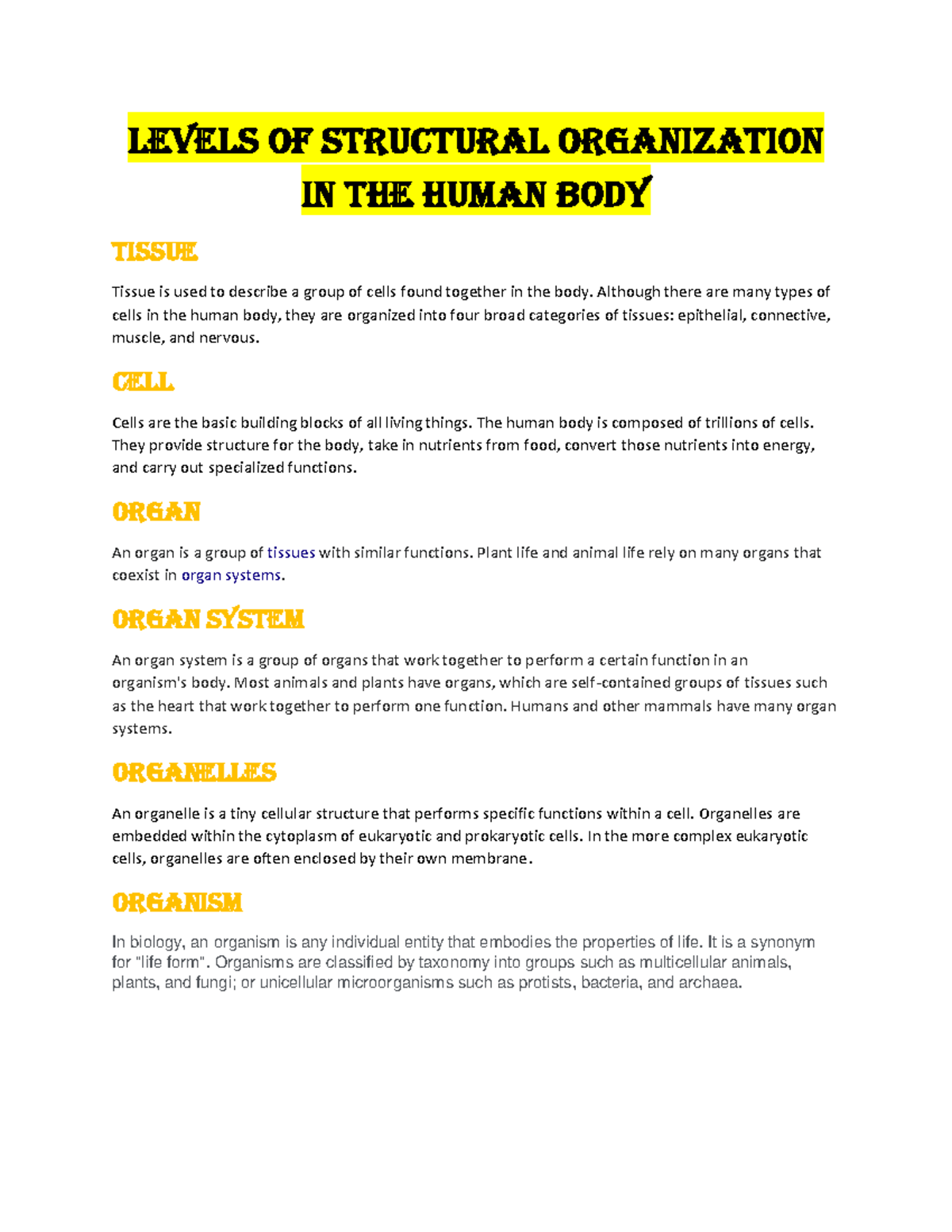 LS ACT02 Organization-Of-Life - Levels of Structural Organization in ...