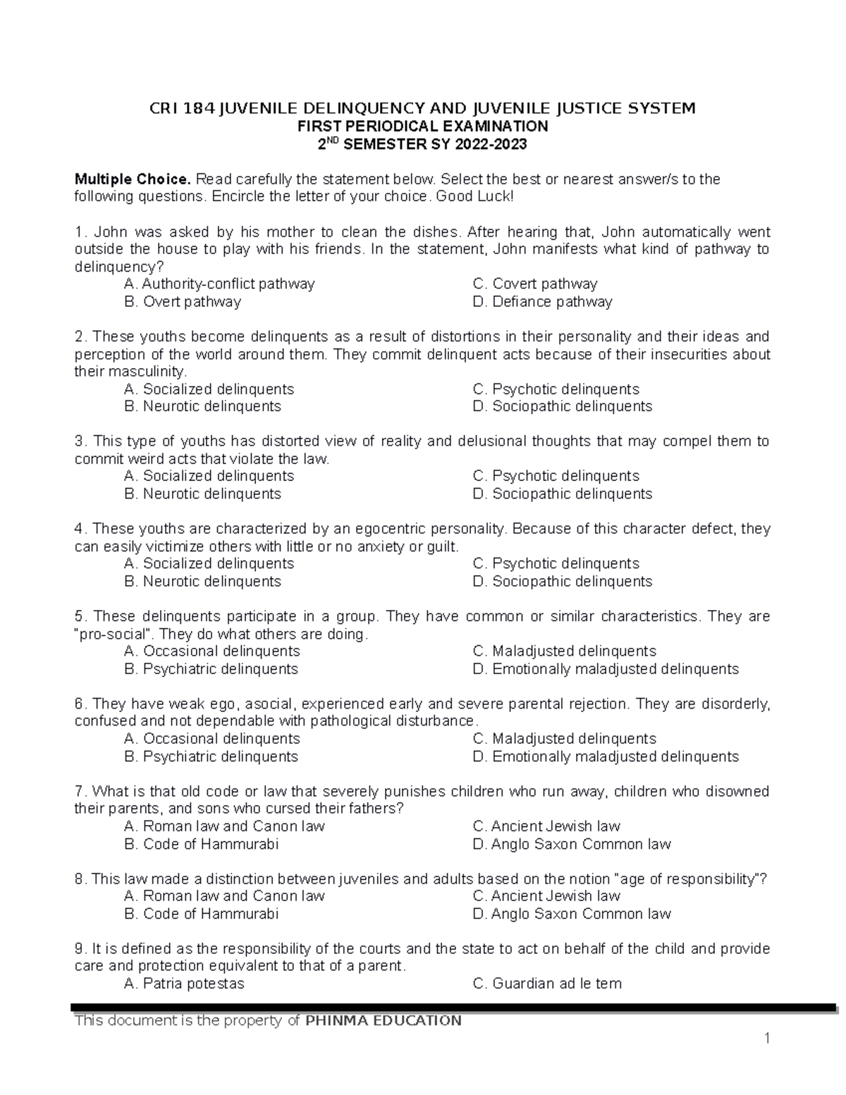 SAS First Periodical Exam CRI 184 - CRI 184 JUVENILE DELINQUENCY AND ...