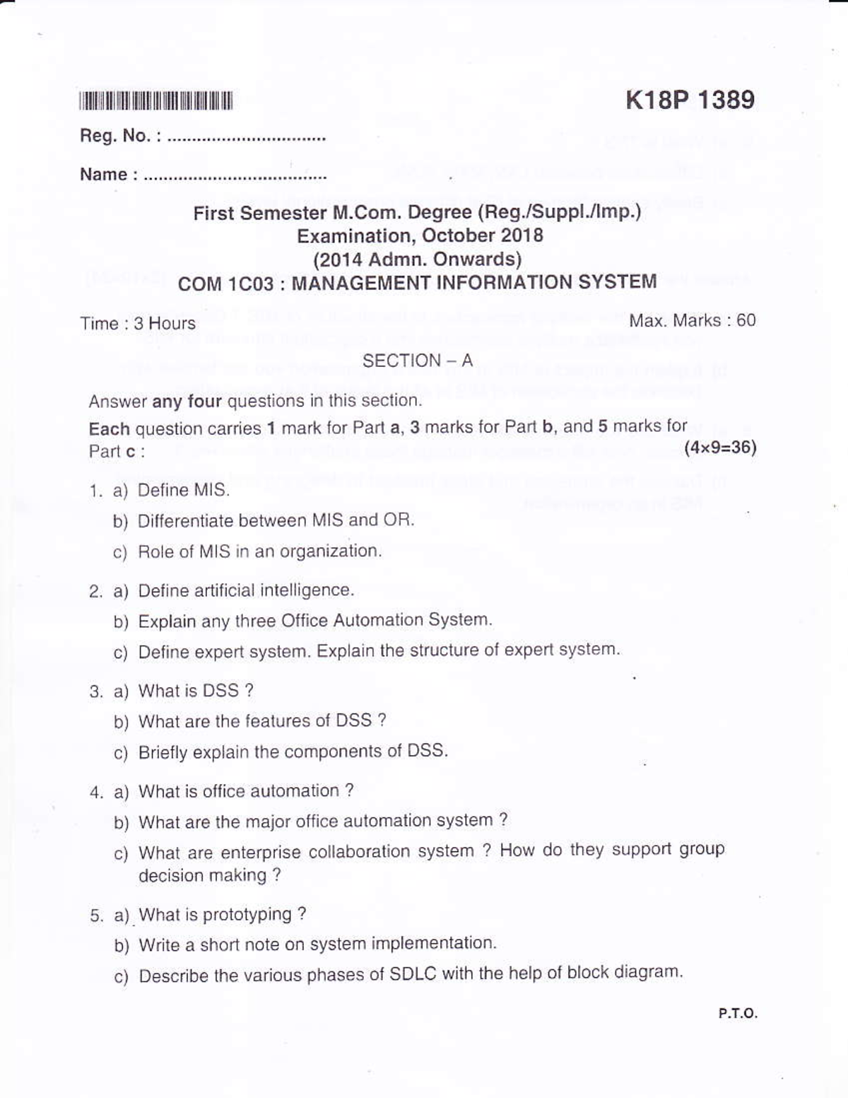 KU M - Question paper - fl fi lll Reg. No ...