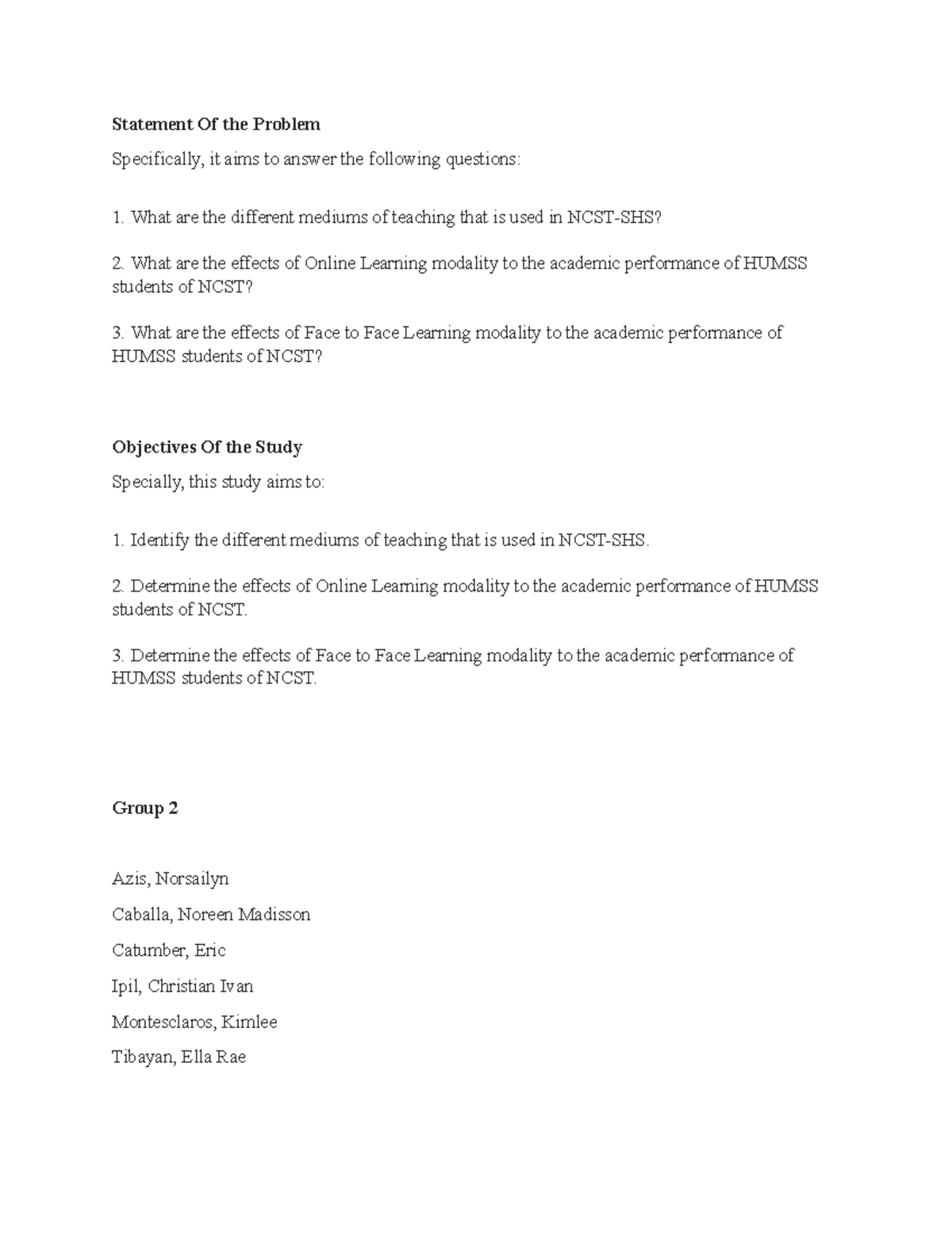 Pr group 2 sop-objectives - Statement Of the Problem Specifically, it ...
