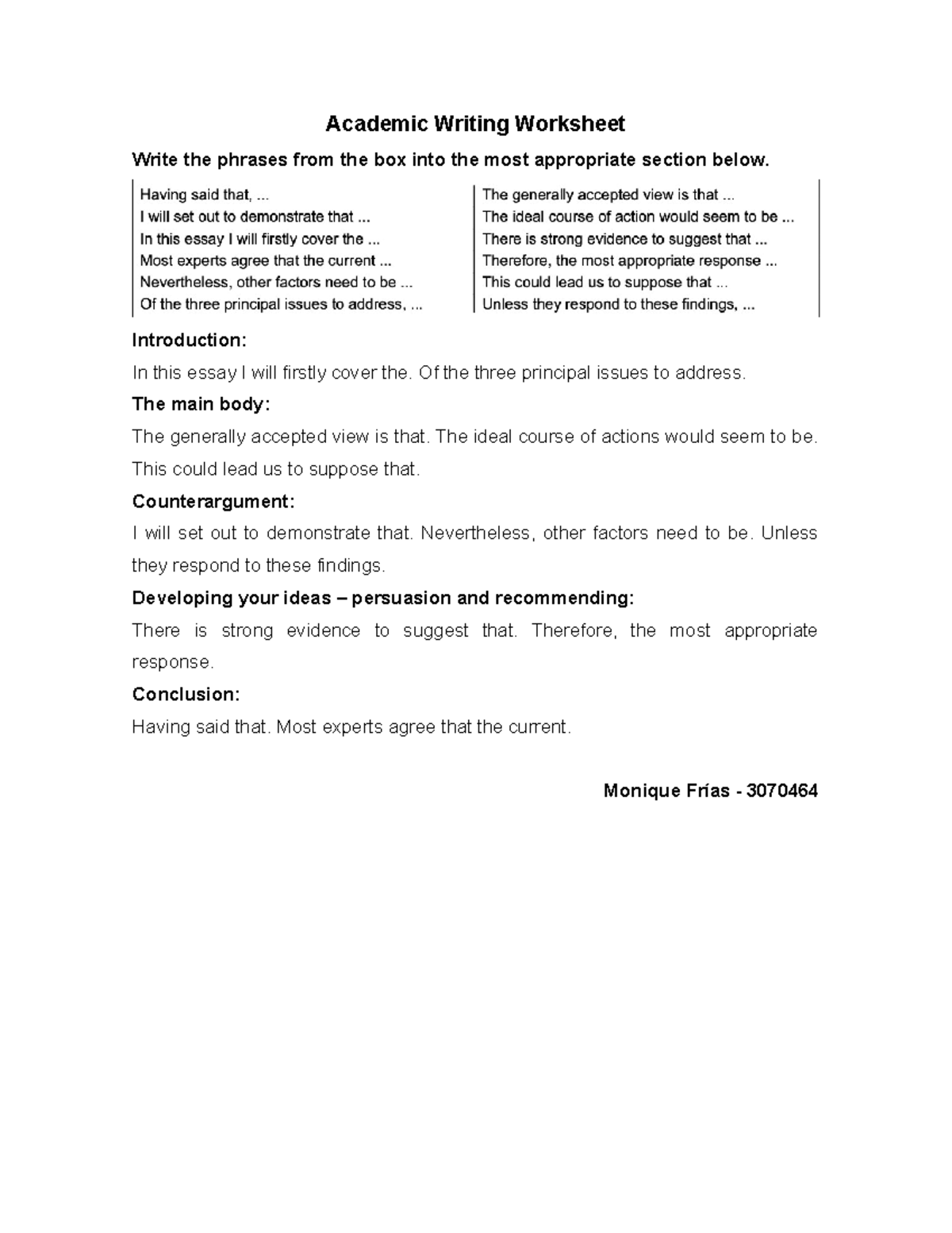 Activity 4 - aaaaa - Academic Writing Worksheet Write the phrases from ...