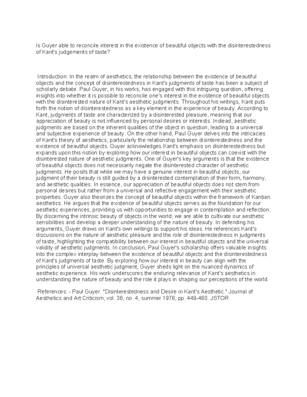 Essay - Philosophy and kant - Is Guyer able to reconcile interest in ...