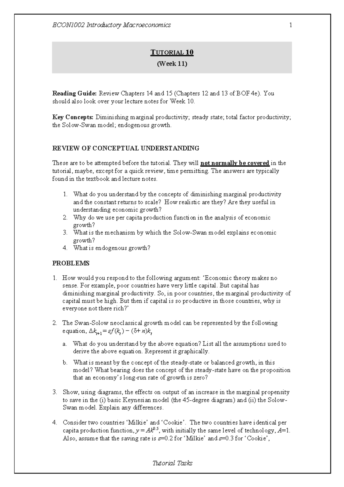 Tutorial 10 Questions Econ1002 Introductory Macroeconomics Tutorial Tasks 1 Reading Guide 